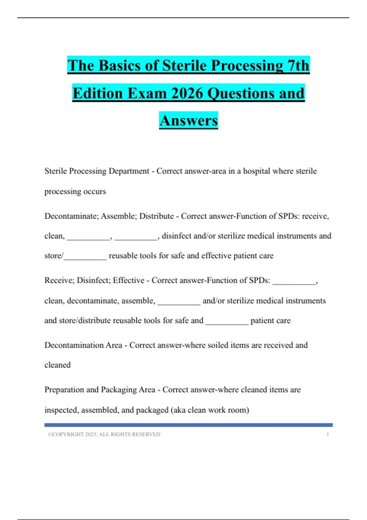 The Basics of Sterile Processing 7th Edition Exam 2026 Questions and ...