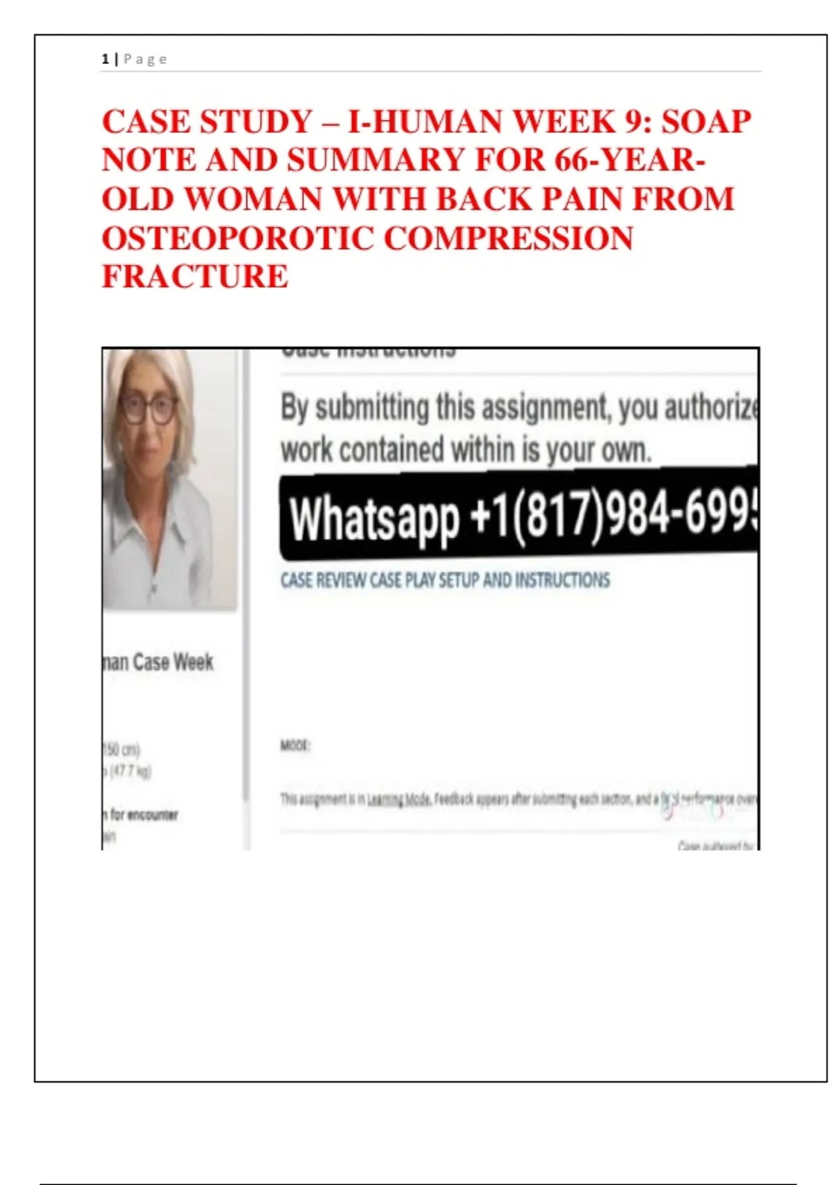 CASE STUDY – I-HUMAN WEEK 9: SOAP NOTE AND SUMMARY FOR 66-YEAR OLD ...