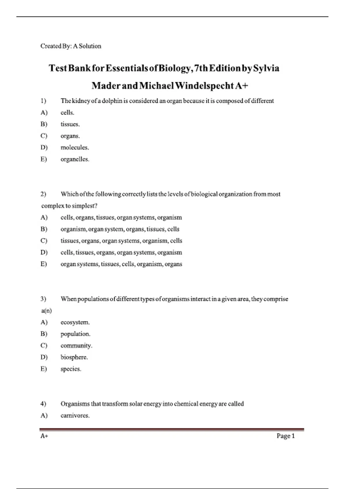 Test Bank - Essentials of Biology, 7th Edition by Mader and ...