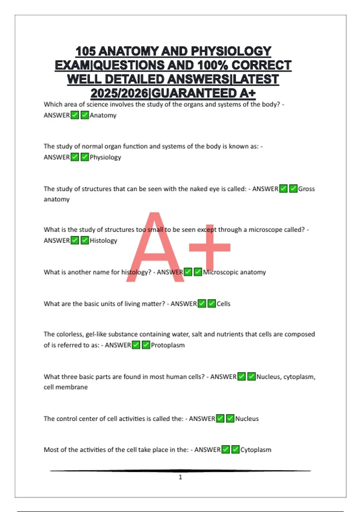 105 ANATOMY AND PHYSIOLOGY EXAM|QUESTIONS AND 100% CORRECT WELL ...