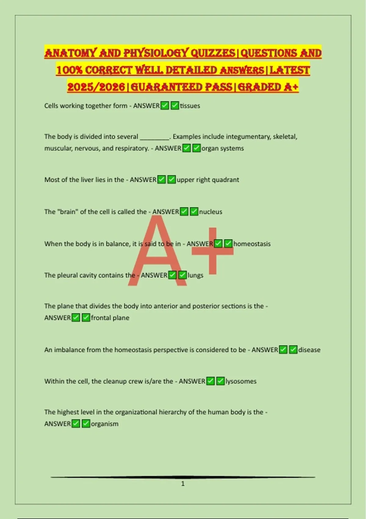 ANATOMY AND PHYSIOLOGY QUIZZES|QUESTIONS AND 100% CORRECT WELL DETAILED ...
