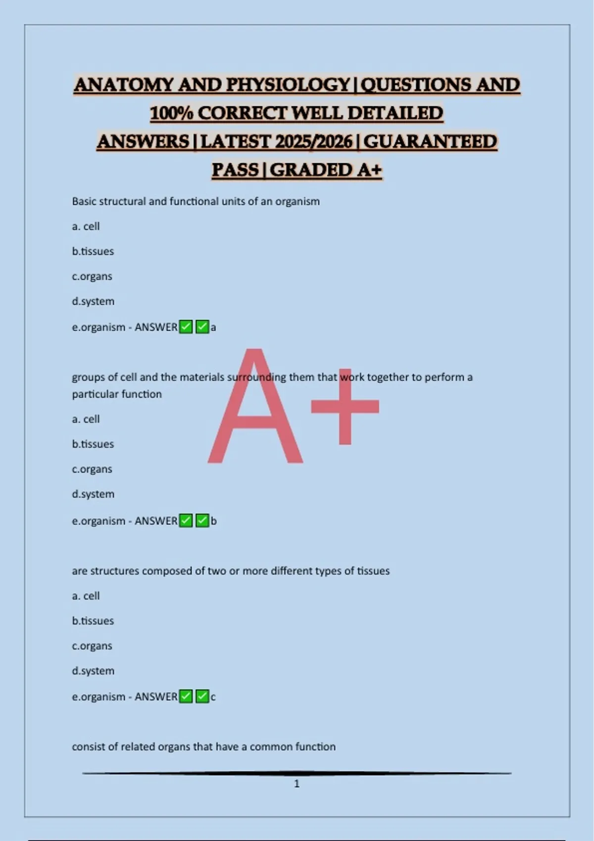 ANATOMY AND PHYSIOLOGY|QUESTIONS AND 100% CORRECT WELL DETAILED ANSWERS ...