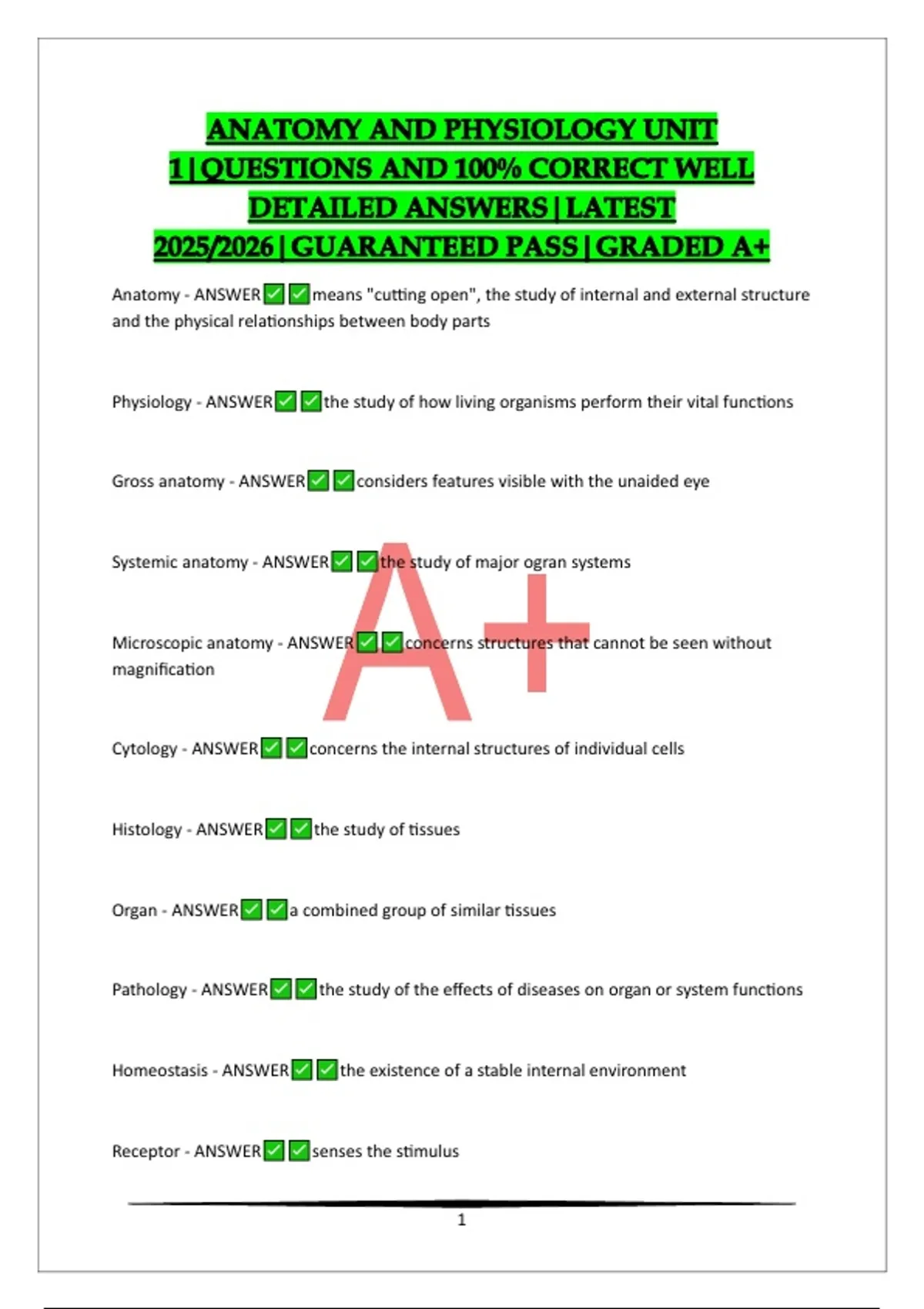 ANATOMY AND PHYSIOLOGY UNIT 1|QUESTIONS AND 100% CORRECT WELL DETAILED ...