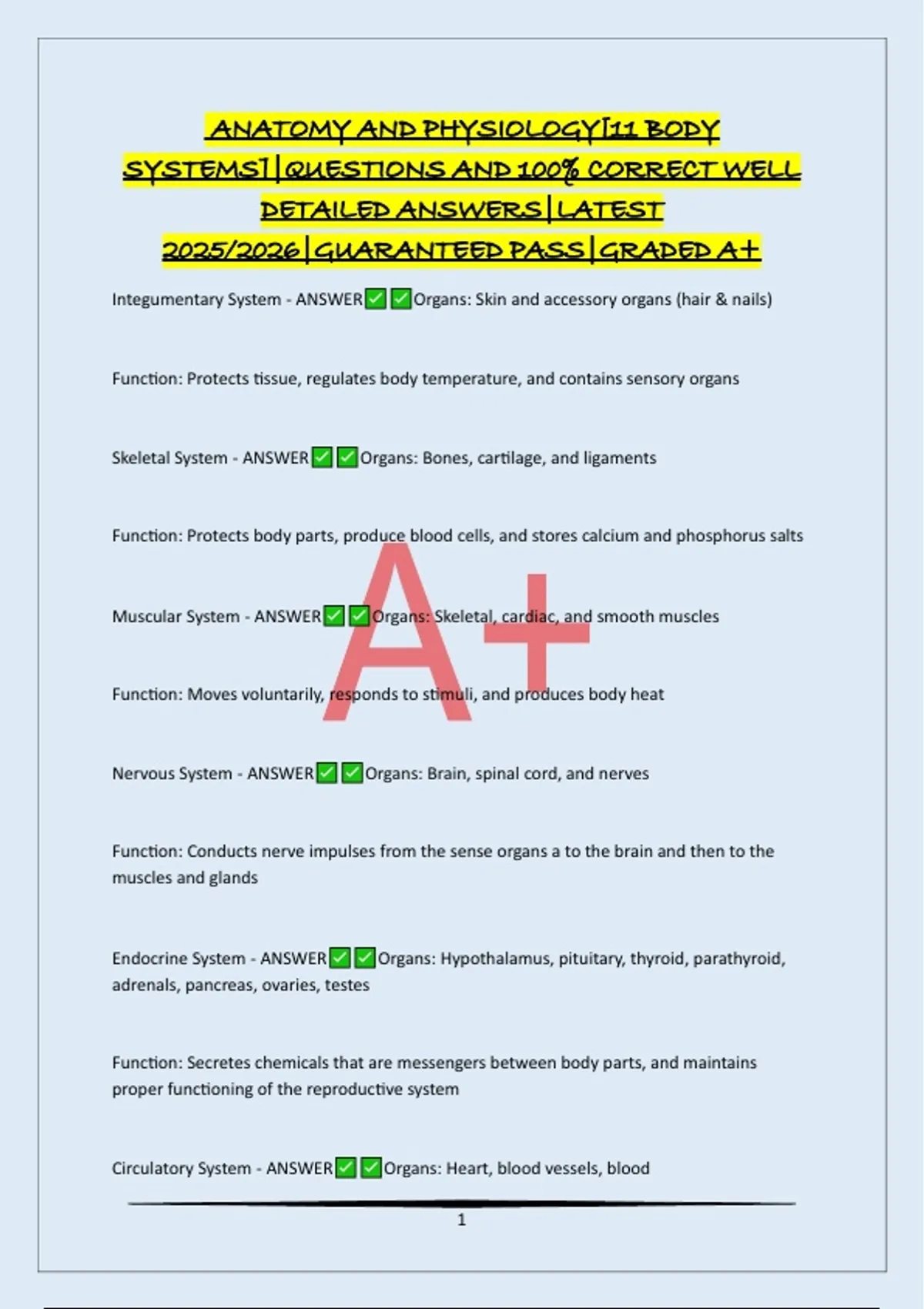 ANATOMY AND PHYSIOLOGY[11 BODY SYSTEMS]|QUESTIONS AND 100% CORRECT WELL ...