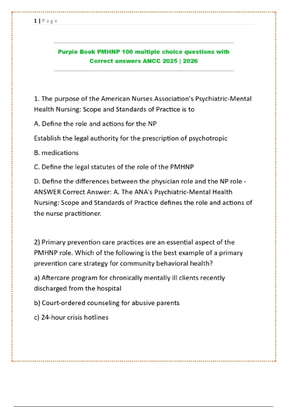Purple Book PMHNP 100 multiple choice questions with Correct answers ...