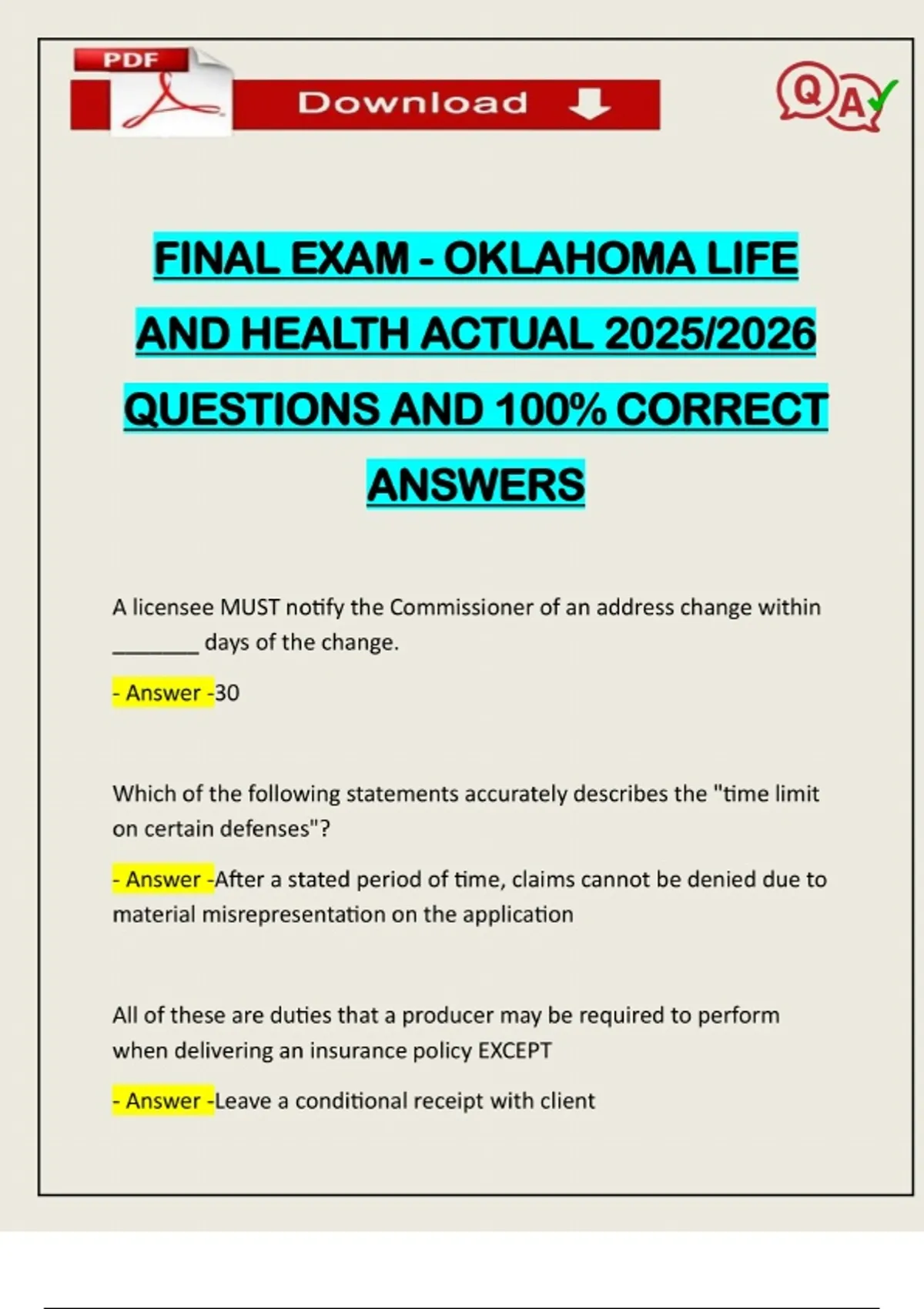 FINAL EXAM - OKLAHOMA LIFE AND HEALTH ACTUAL 2025/2026 QUESTIONS AND ...