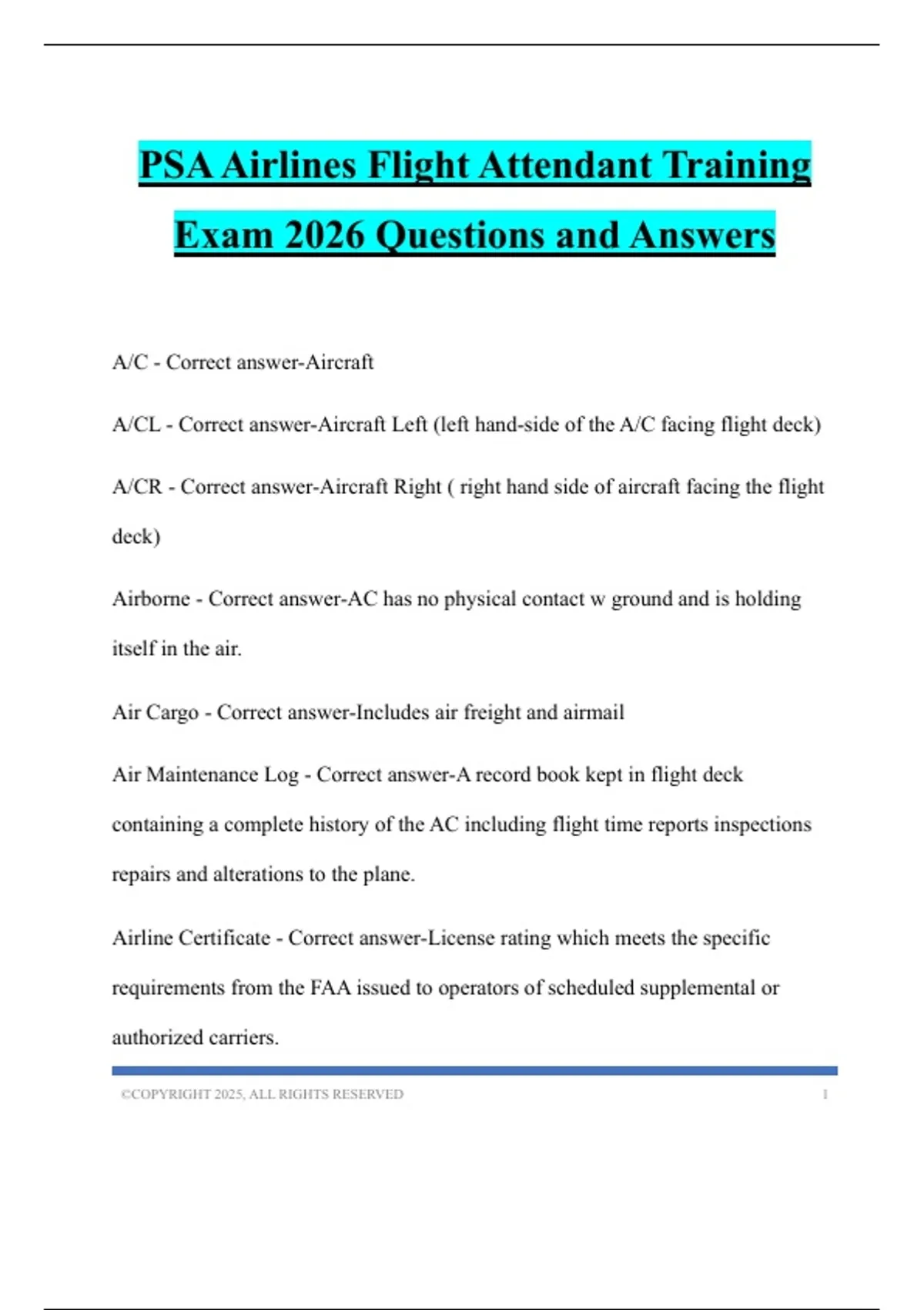 PSA Airlines Flight Attendant Training Exam 2026 Questions and Answers ...
