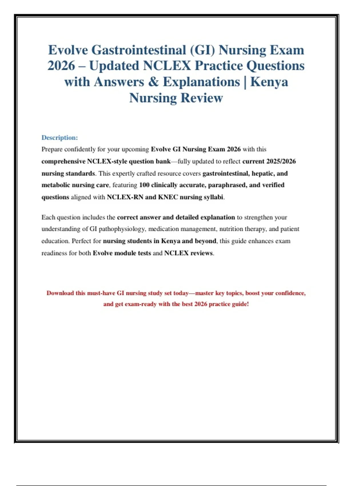 Evolve GI Nursing Exam 2026 – NCLEX Practice Questions & Answers (Kenya ...