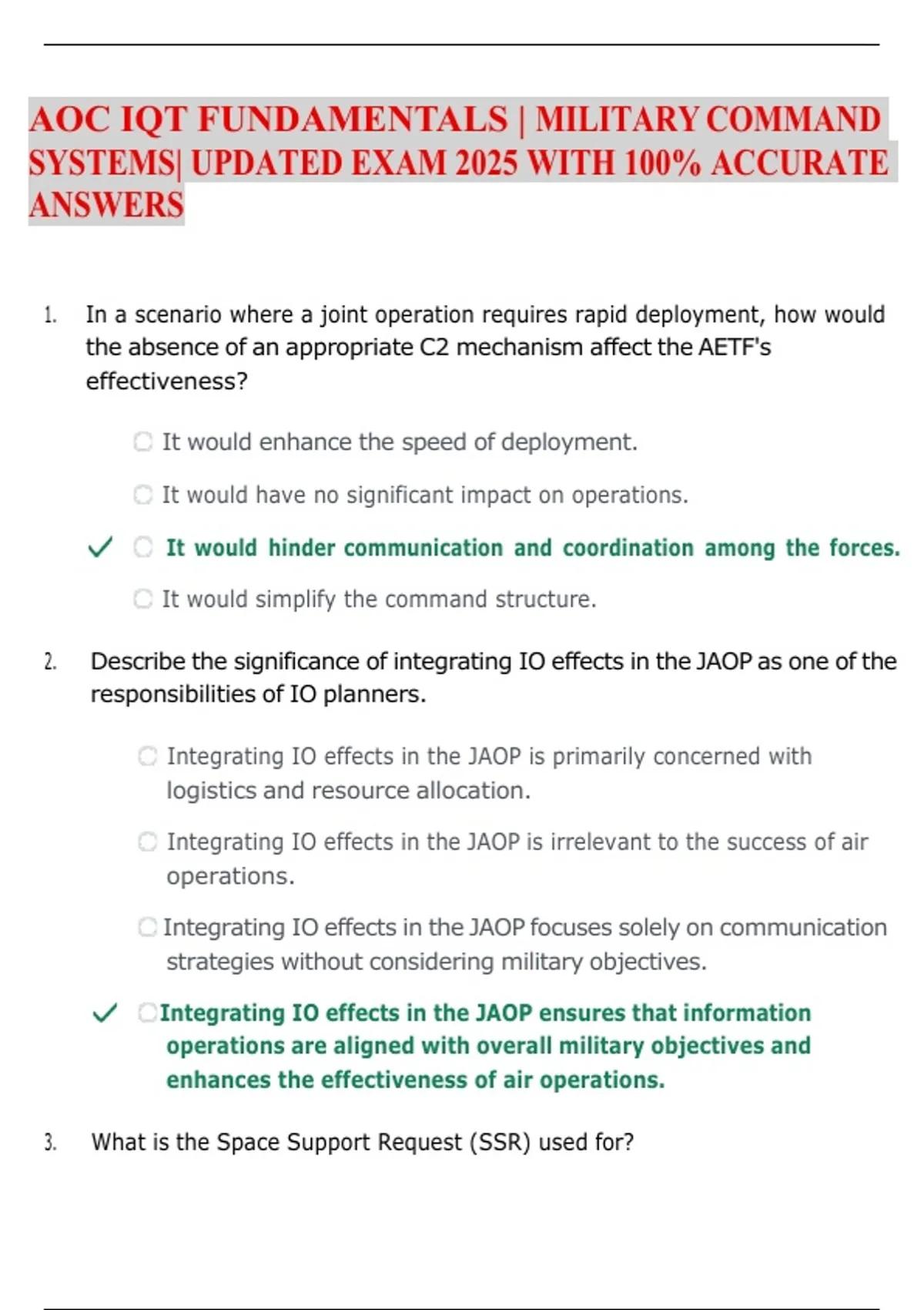 AOC IQT FUNDAMENTALS | MILITARY COMMAND SYSTEMS| UPDATED EXAM 2025 WITH ...