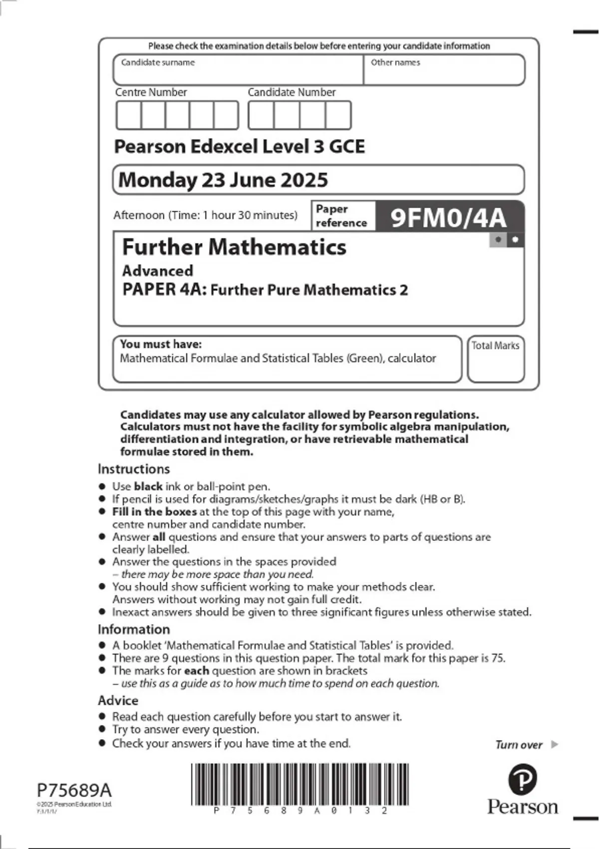 2025 Pearson Edexcel Level 3 GCE 9FM0/4A Further Mathematics Advanced ...