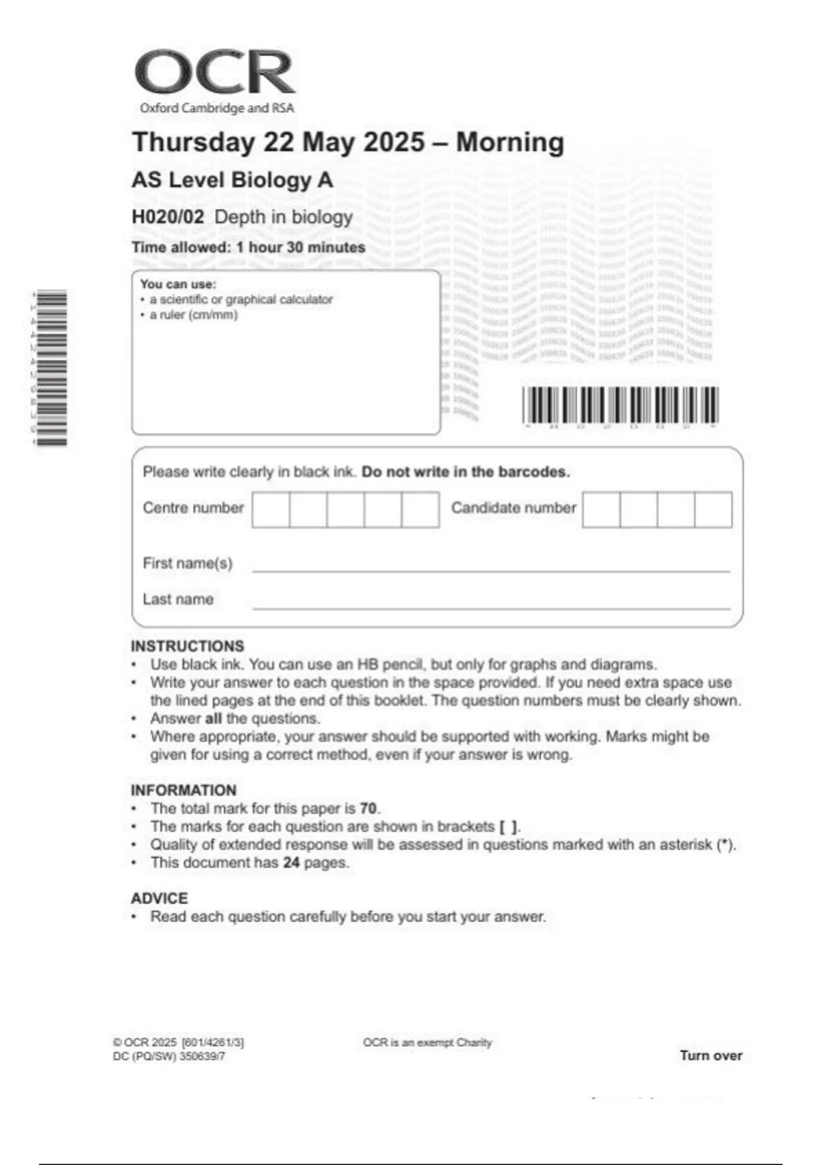 OCR Biology A H020 02 Depth in biology AS Level question paper for June ...
