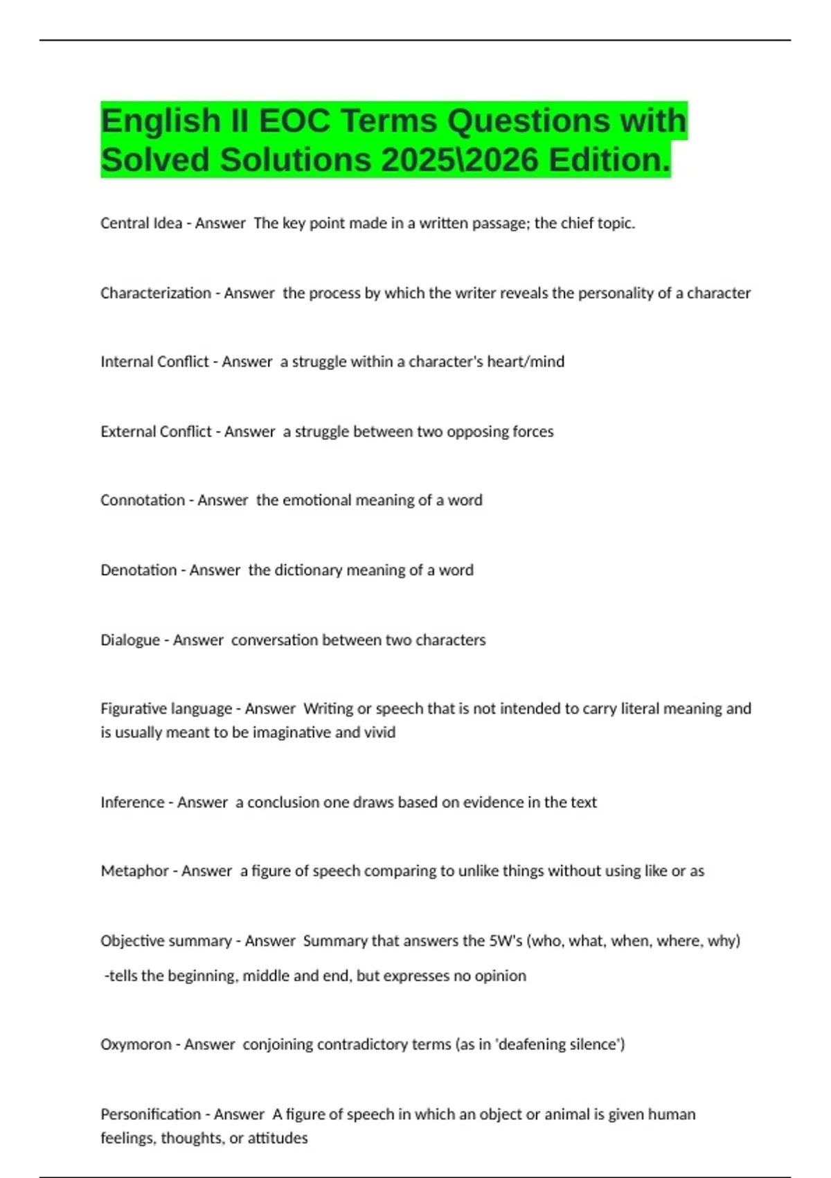 English II EOC Terms Questions with Solved Solutions Edition. - English ...
