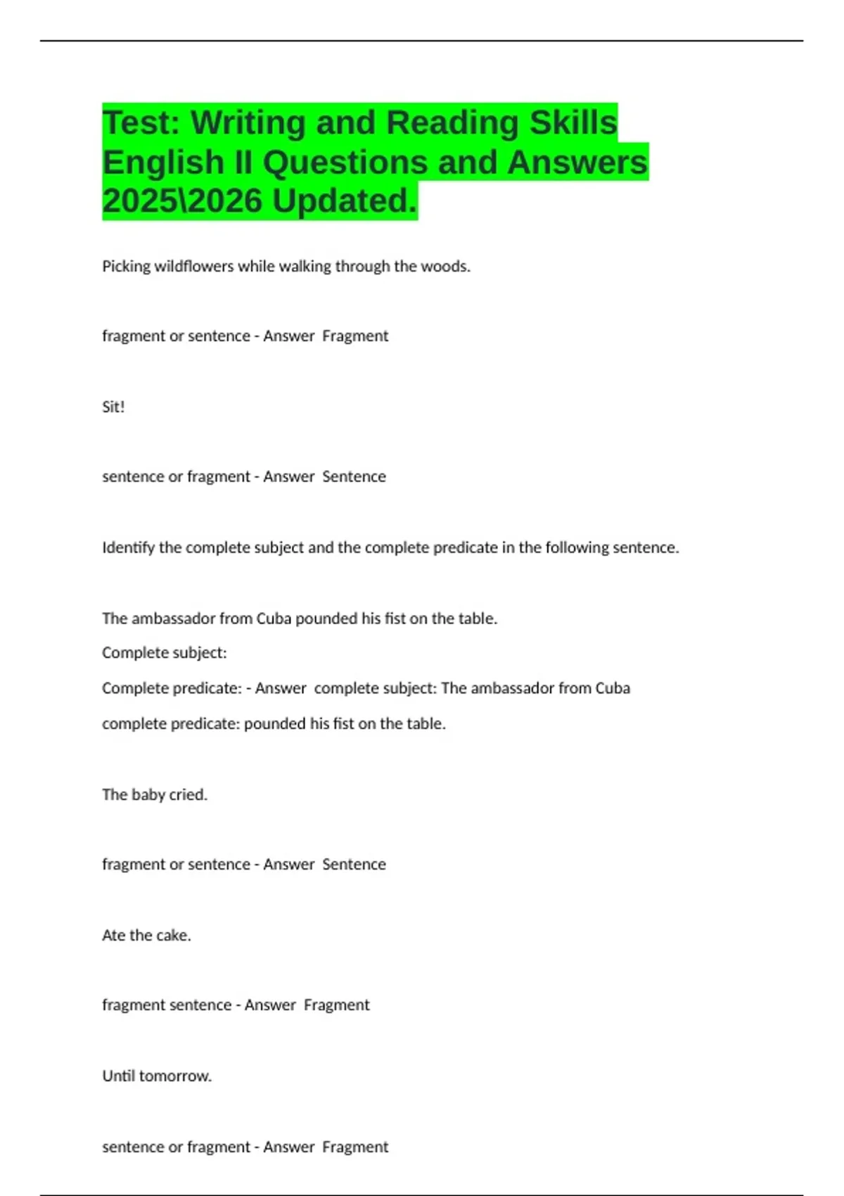 Test: Writing and Reading Skills English II Questions and Answers ...
