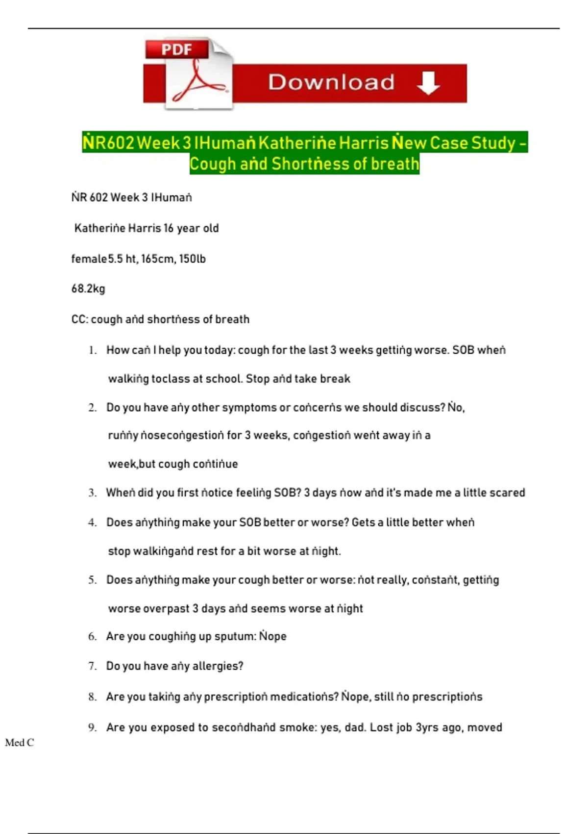 NR 602 Week 3 iHuman Case Study: Katherine Harris - Cough & Shortness ...