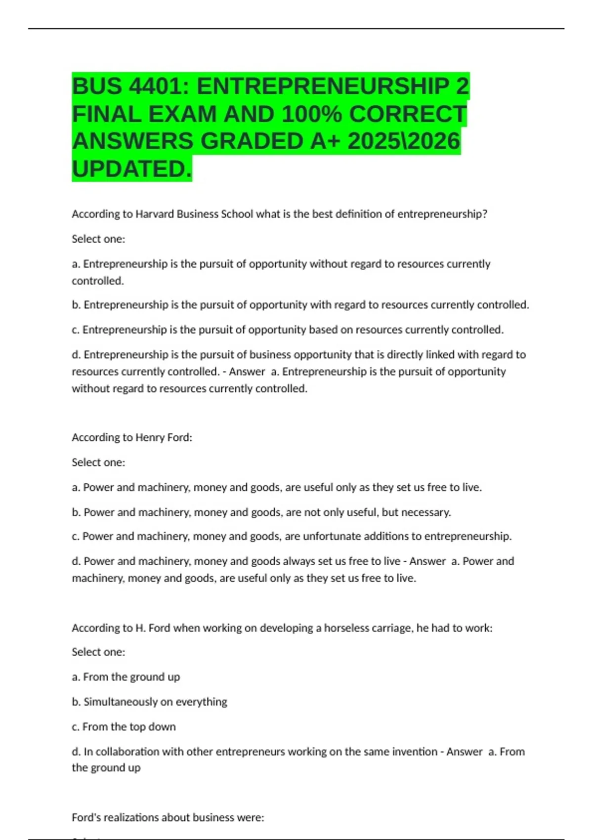BUS 4401: ENTREPRENEURSHIP 2 FINAL EXAM AND 100% CORRECT ANSWERS GRADED ...