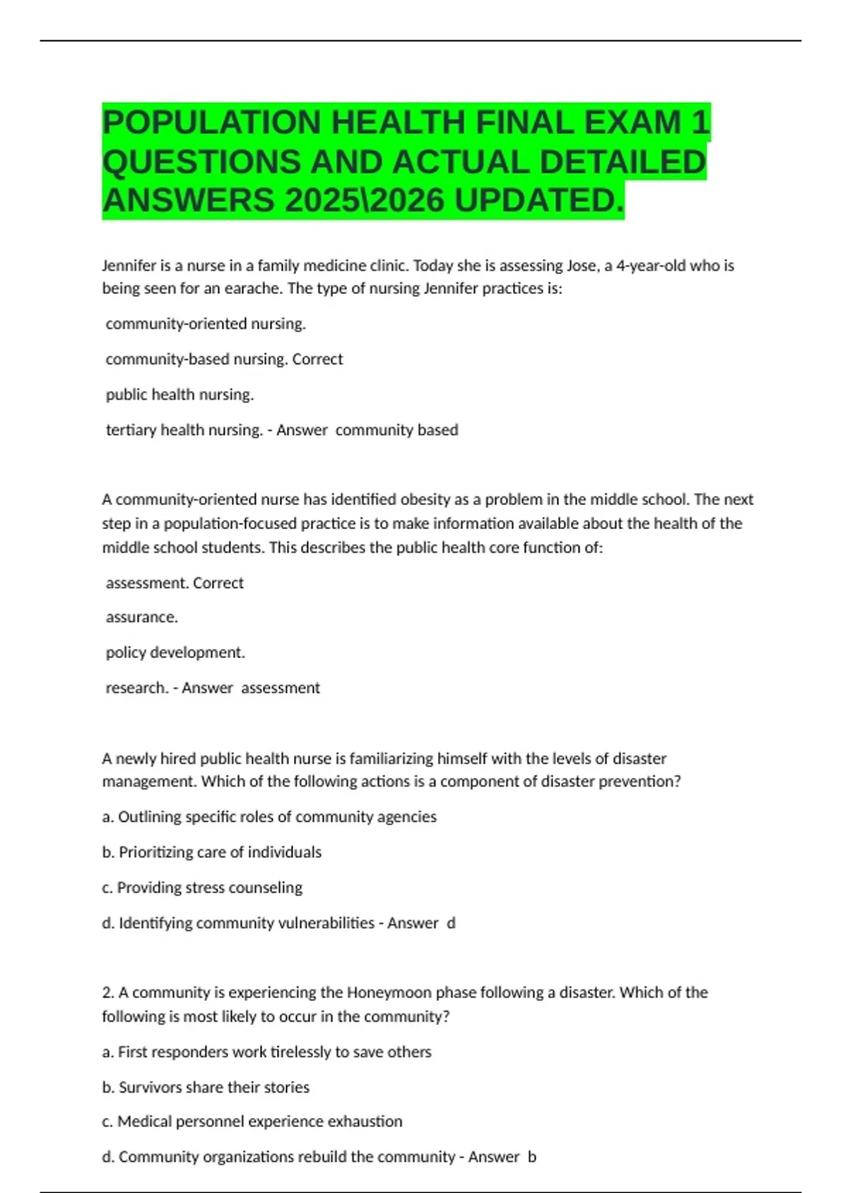 POPULATION HEALTH FINAL EXAM 1 QUESTIONS AND ACTUAL DETAILED ANSWERS ...