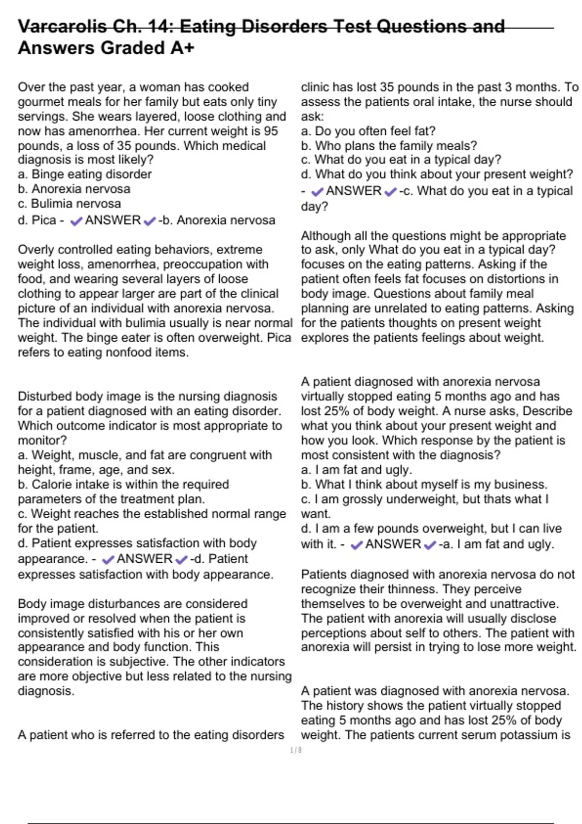 Varcarolis Ch. 14: Eating Disorders Test Questions and Answers Graded ...