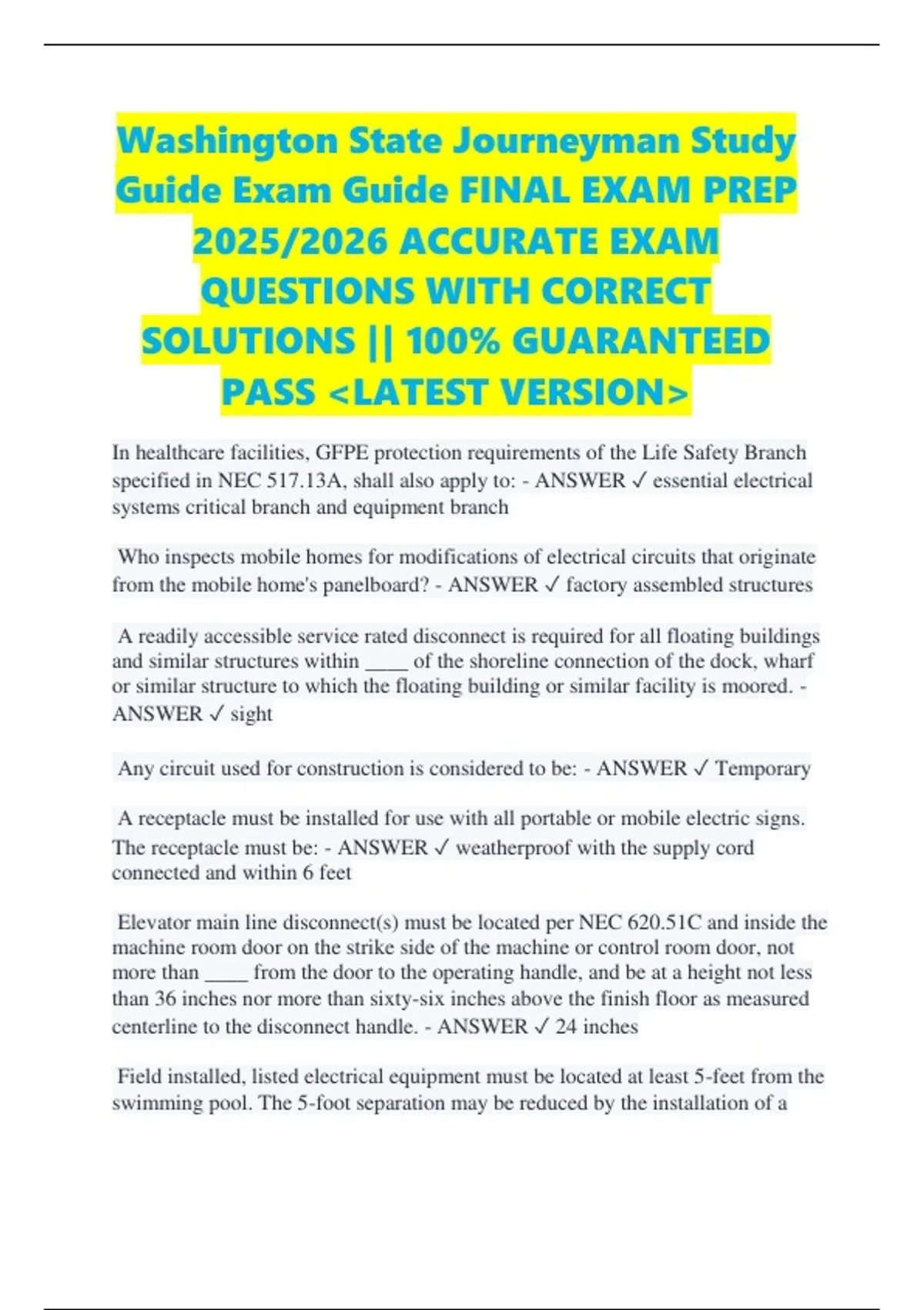 Washington State Journeyman Study Guide Exam Guide FINAL EXAM PREP 2025 ...