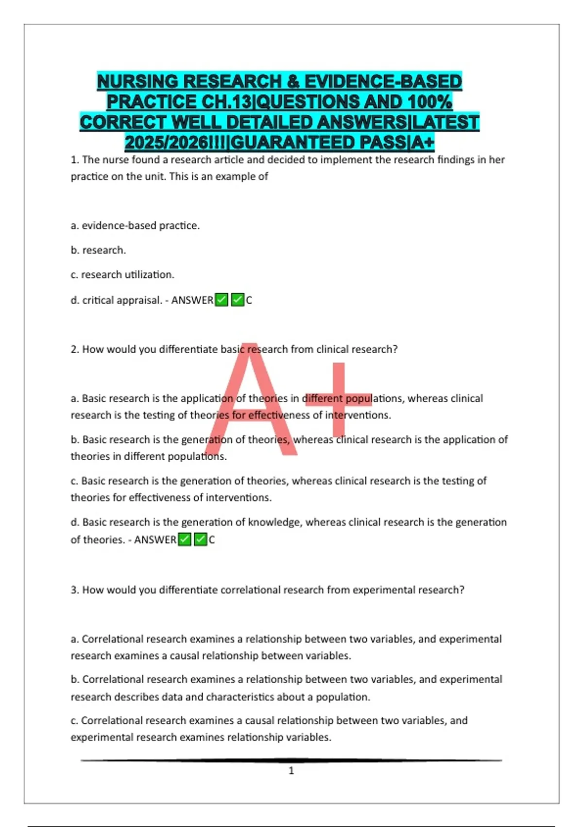 NURSING RESEARCH & EVIDENCE-BASED PRACTICE CH.13|QUESTIONS AND 100% ...