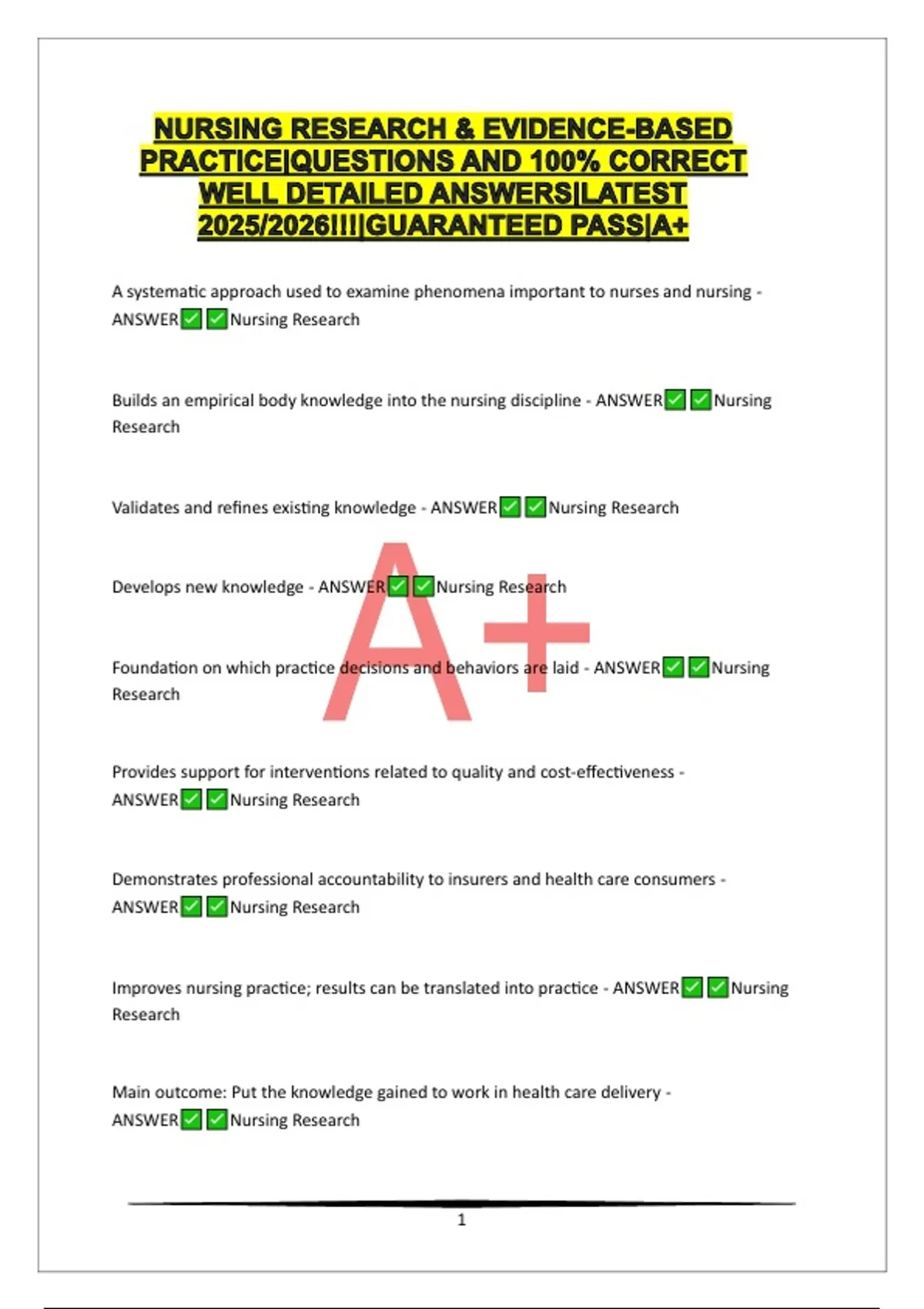 NURSING RESEARCH & EVIDENCE-BASED PRACTICE|QUESTIONS AND 100% CORRECT ...