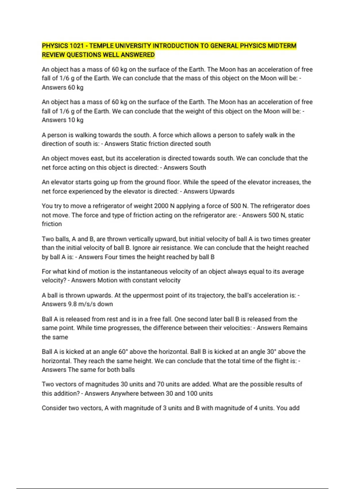 PHYSICS 1021 - TEMPLE UNIVERSITY INTRODUCTION TO GENERAL PHYSICS MIDTERM REVIEW QUESTIONS WELL ...