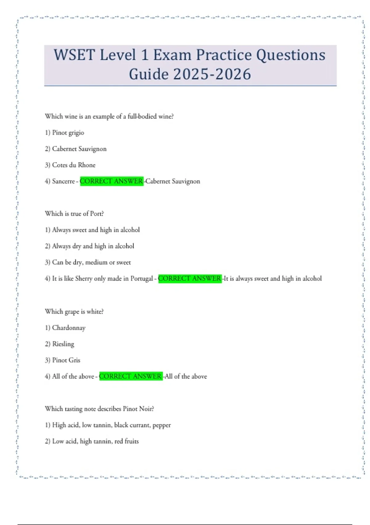 WSET Level 1 Exam Practice Questions Guide - WSET Level 1 - Stuvia US
