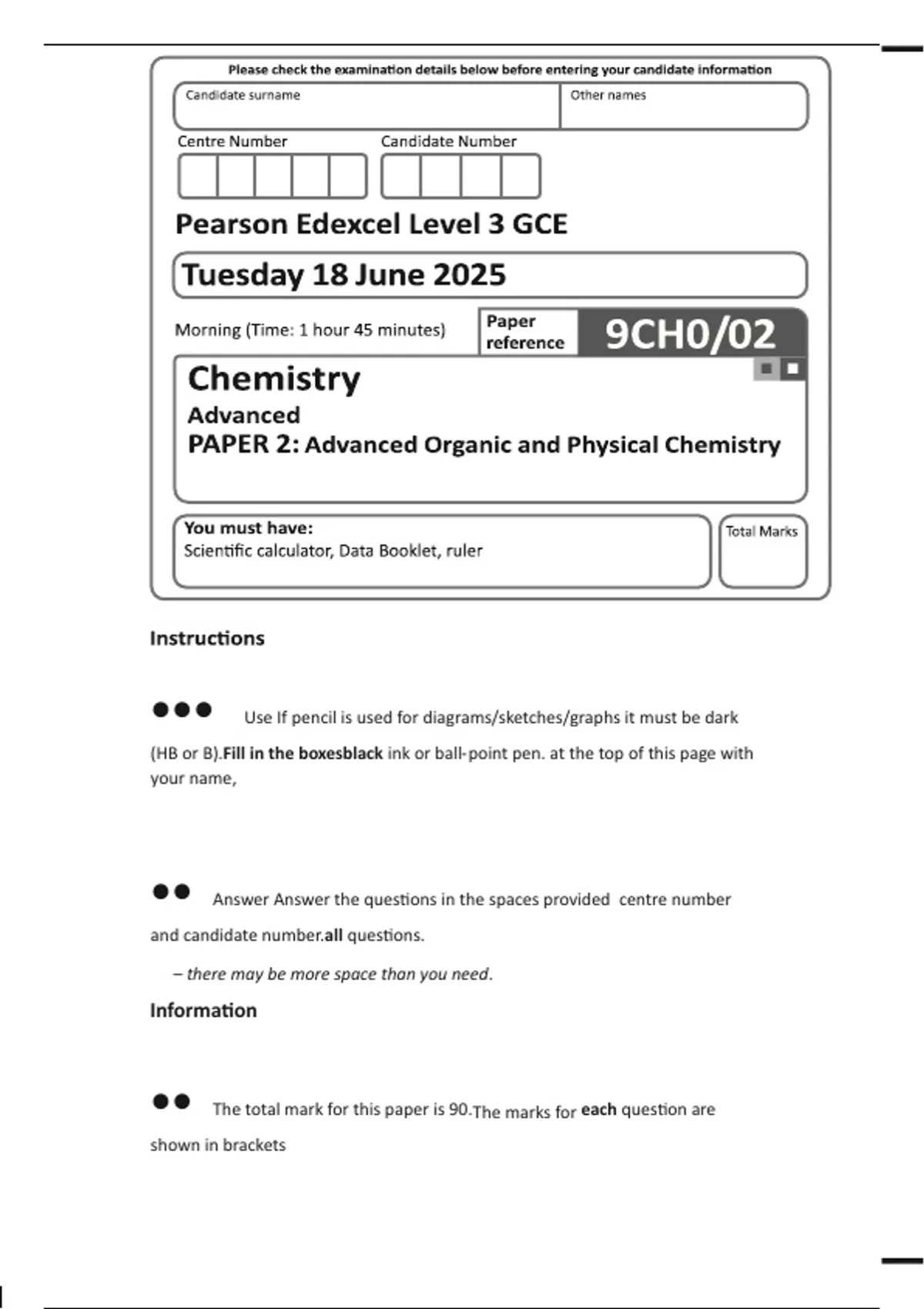 Edexcel A Level Chemistry – Paper 2 (9CH0/02) June 2025 Full Question ...