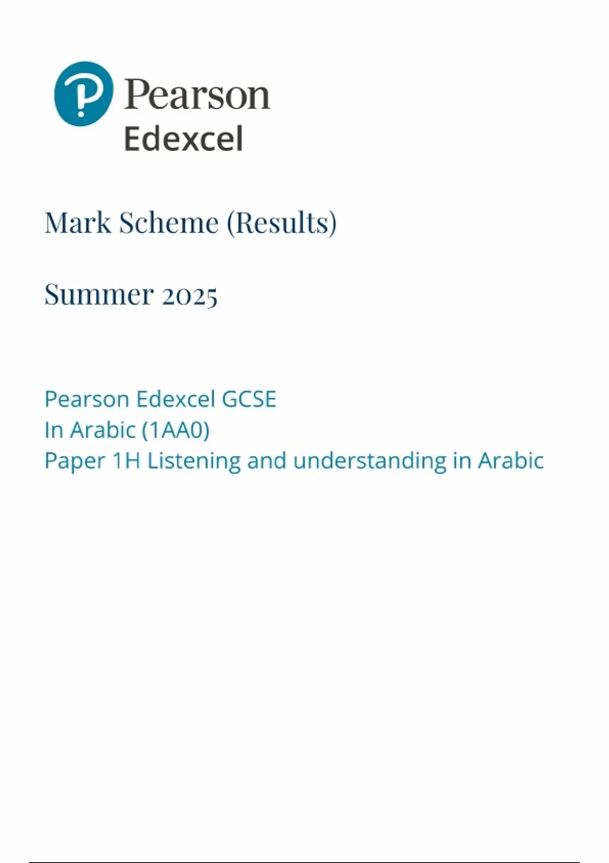 Pearson Edexcel GCSE Arabic Mark Scheme Paper 1H 2025 (1AAO/1H ...