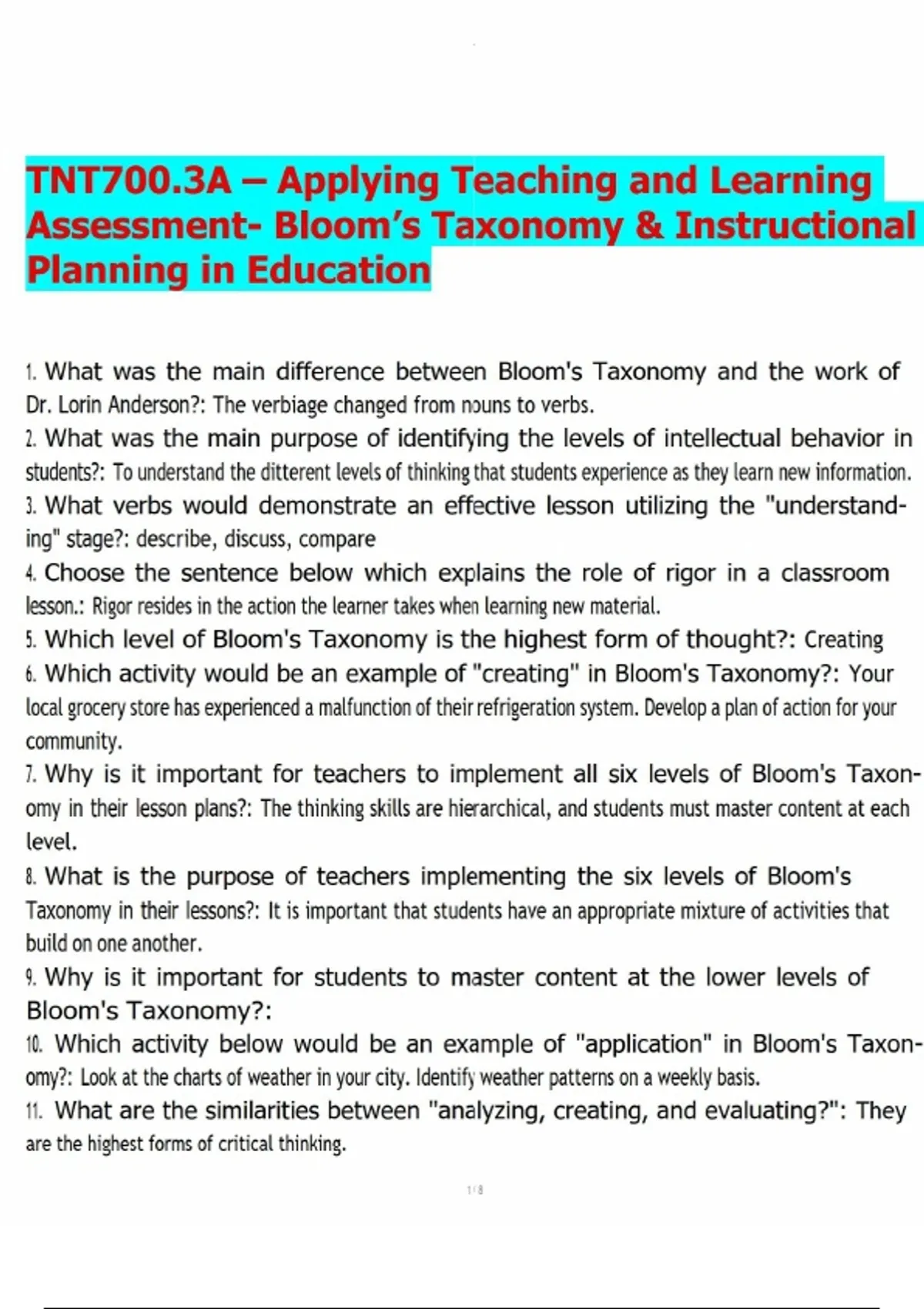 TNT700.3A – Applying Teaching and Learning Assessment- Bloom’s Taxonomy ...