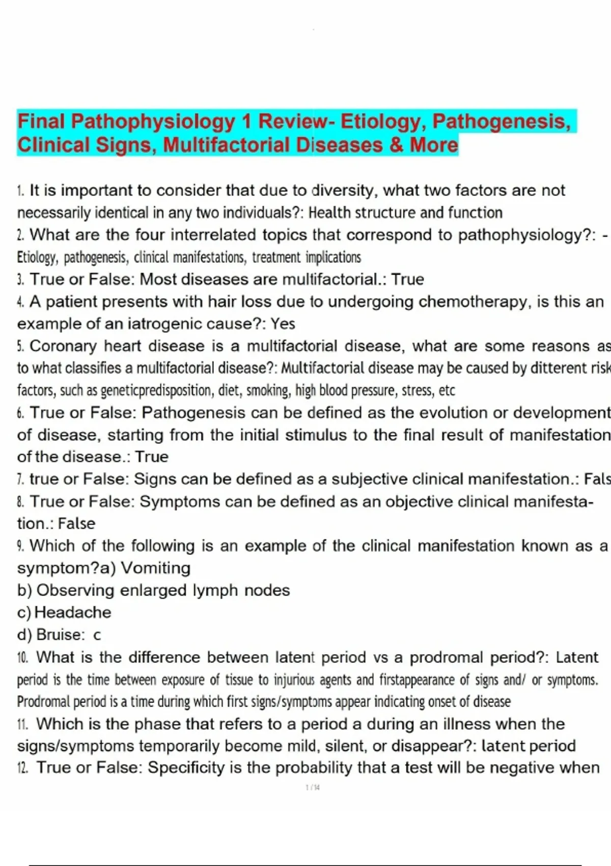 Final Pathophysiology 1 Review- Etiology, Pathogenesis, Clinical Signs, Multifactorial Diseases ...