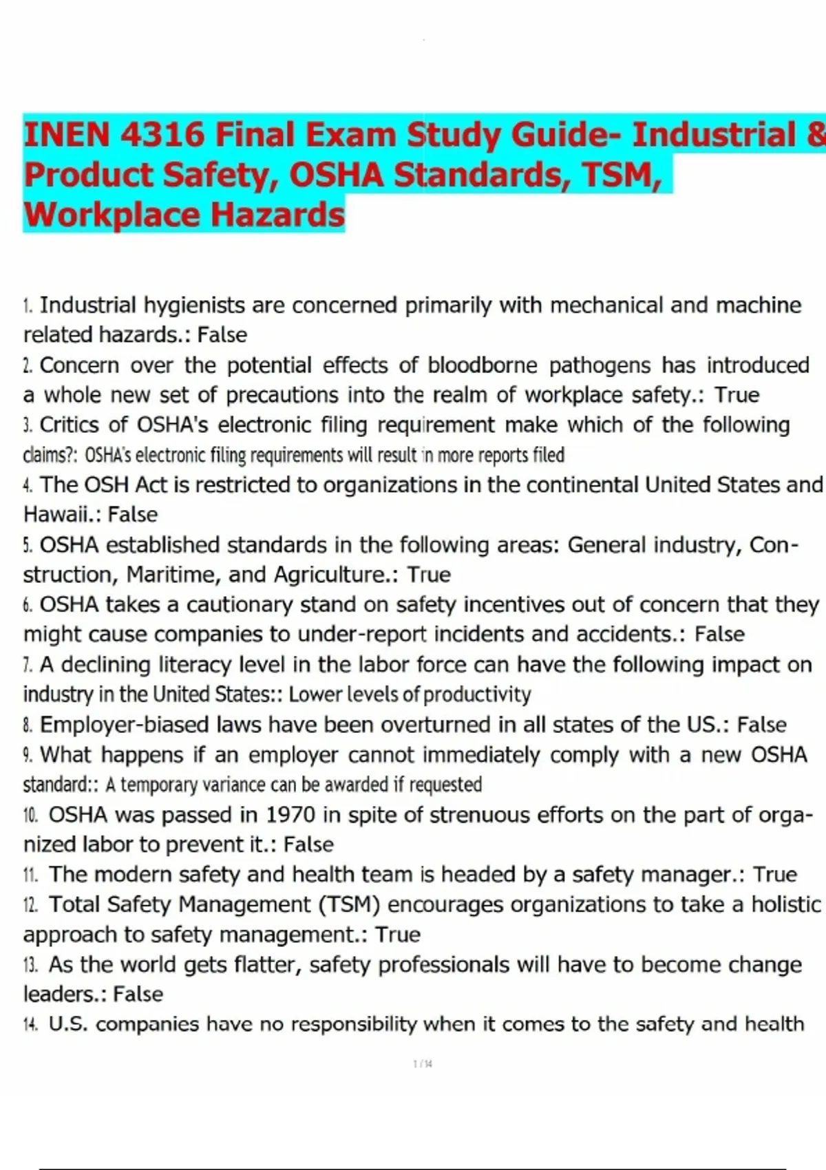 INEN 4316 Final Exam Study Guide- Industrial & Product Safety, OSHA ...