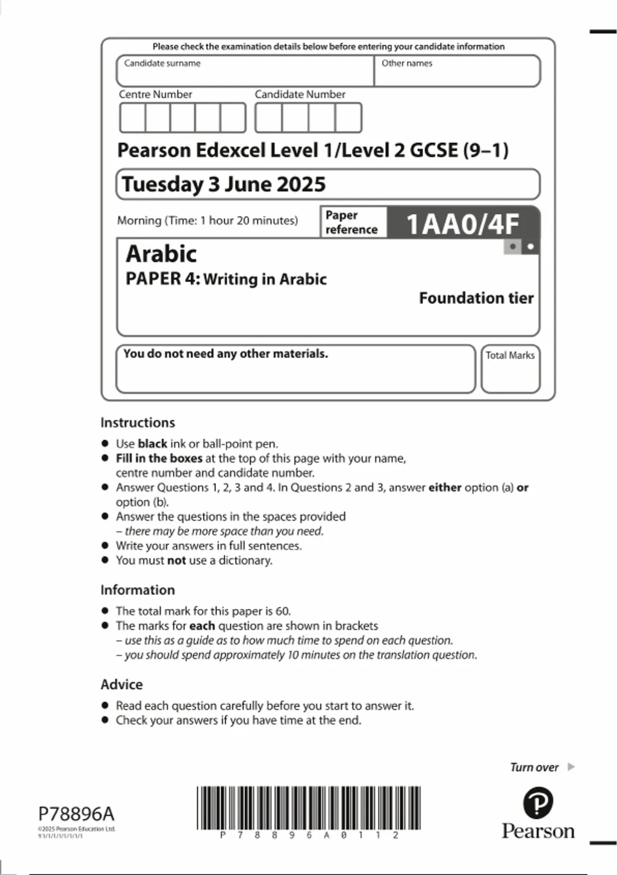 Pearson Edexcel GCSE Arabic Paper 4 2025 (1AA0/4F: Foundation Tier ...
