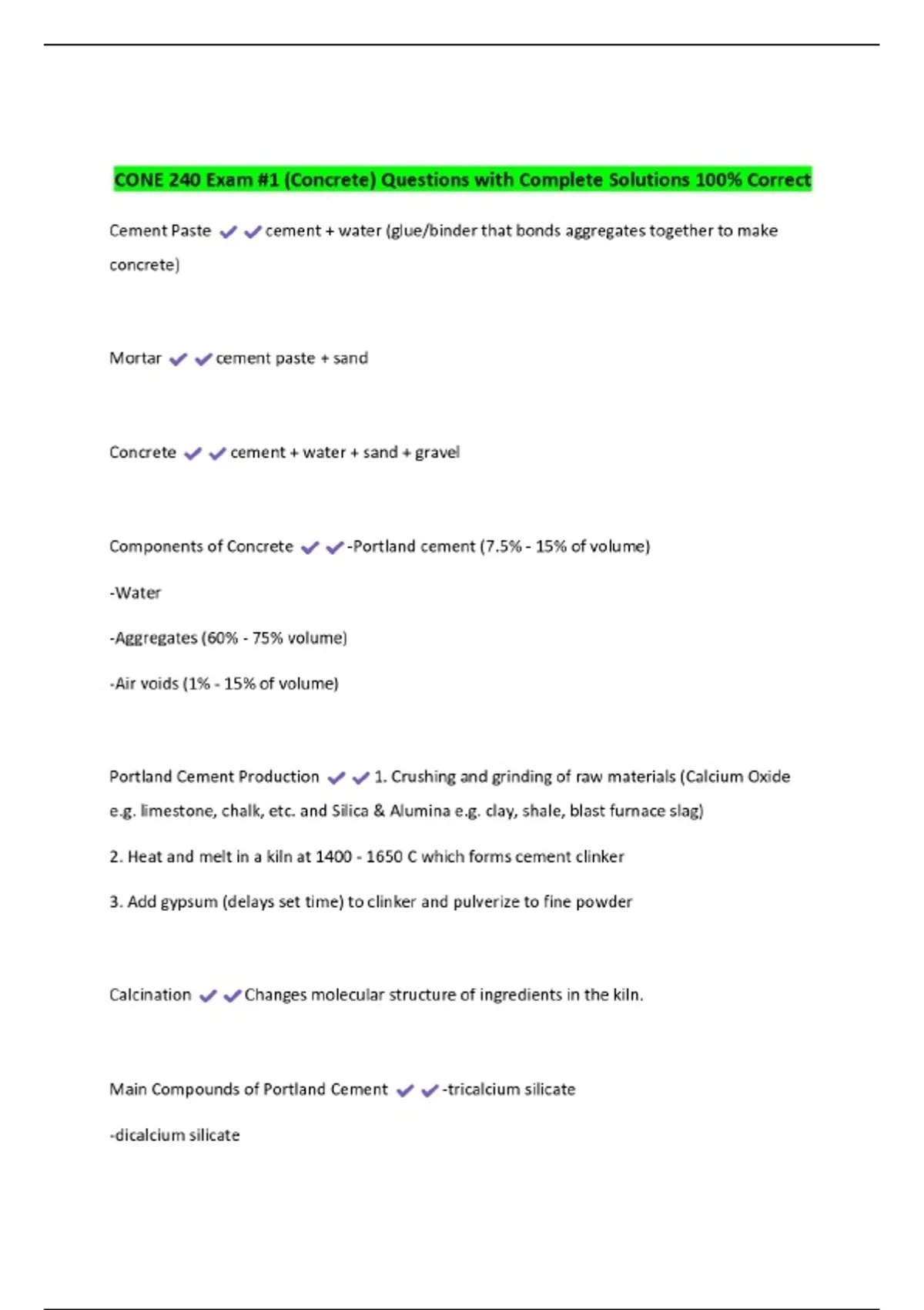 CONE 240 Exam #1 (Concrete) Questions with Complete Solutions 100% ...