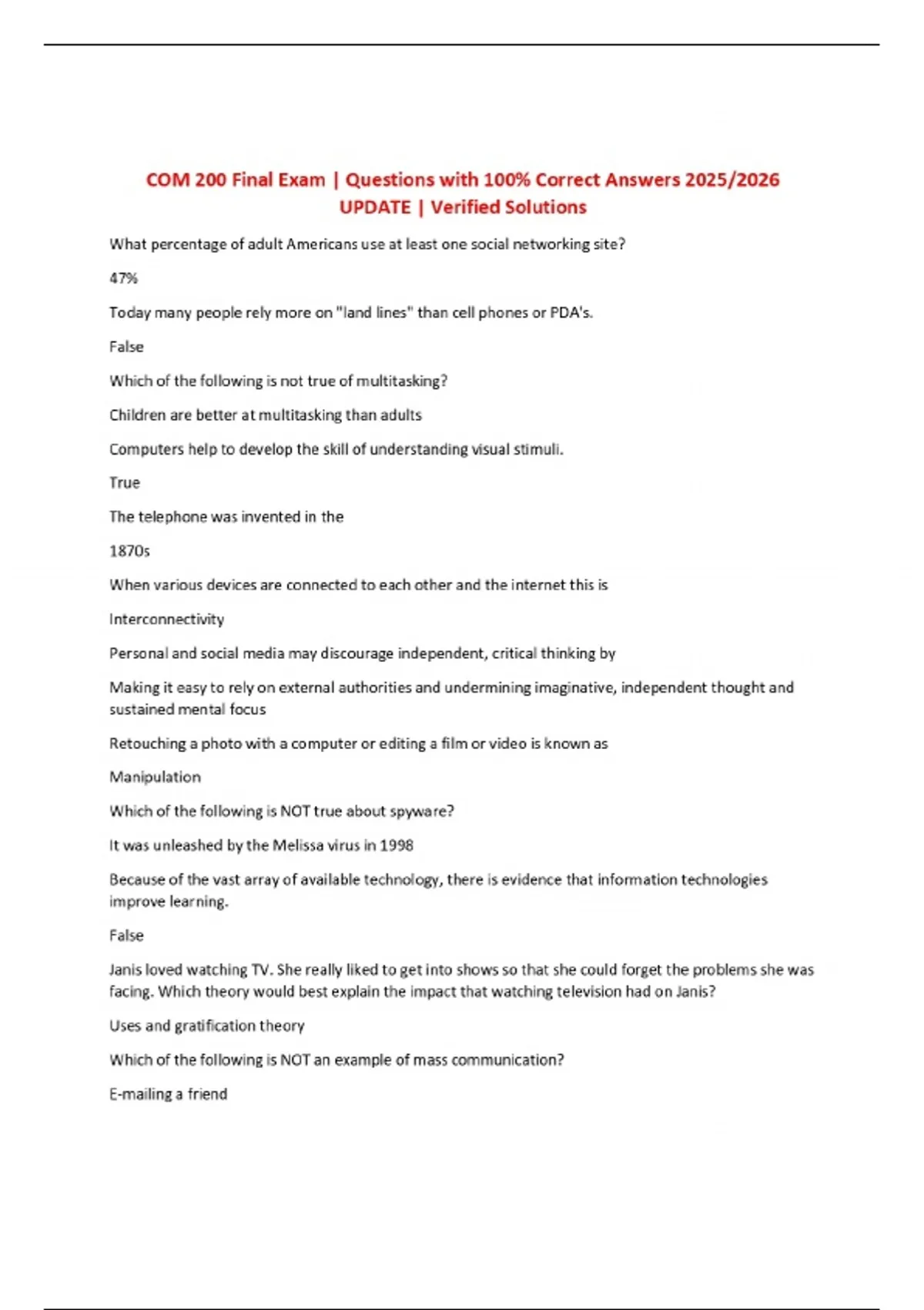 COM 200 Final Exam | Questions with 100% Correct Answers 2025/2026 ...
