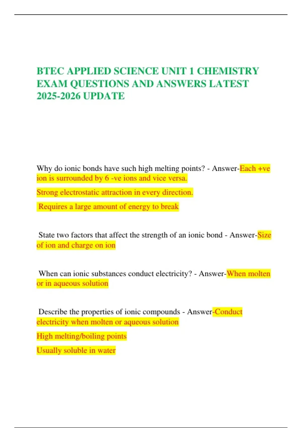 BTEC APPLIED SCIENCE UNIT 1 CHEMISTRY EXAM QUESTIONS AND ANSWERS LATEST ...