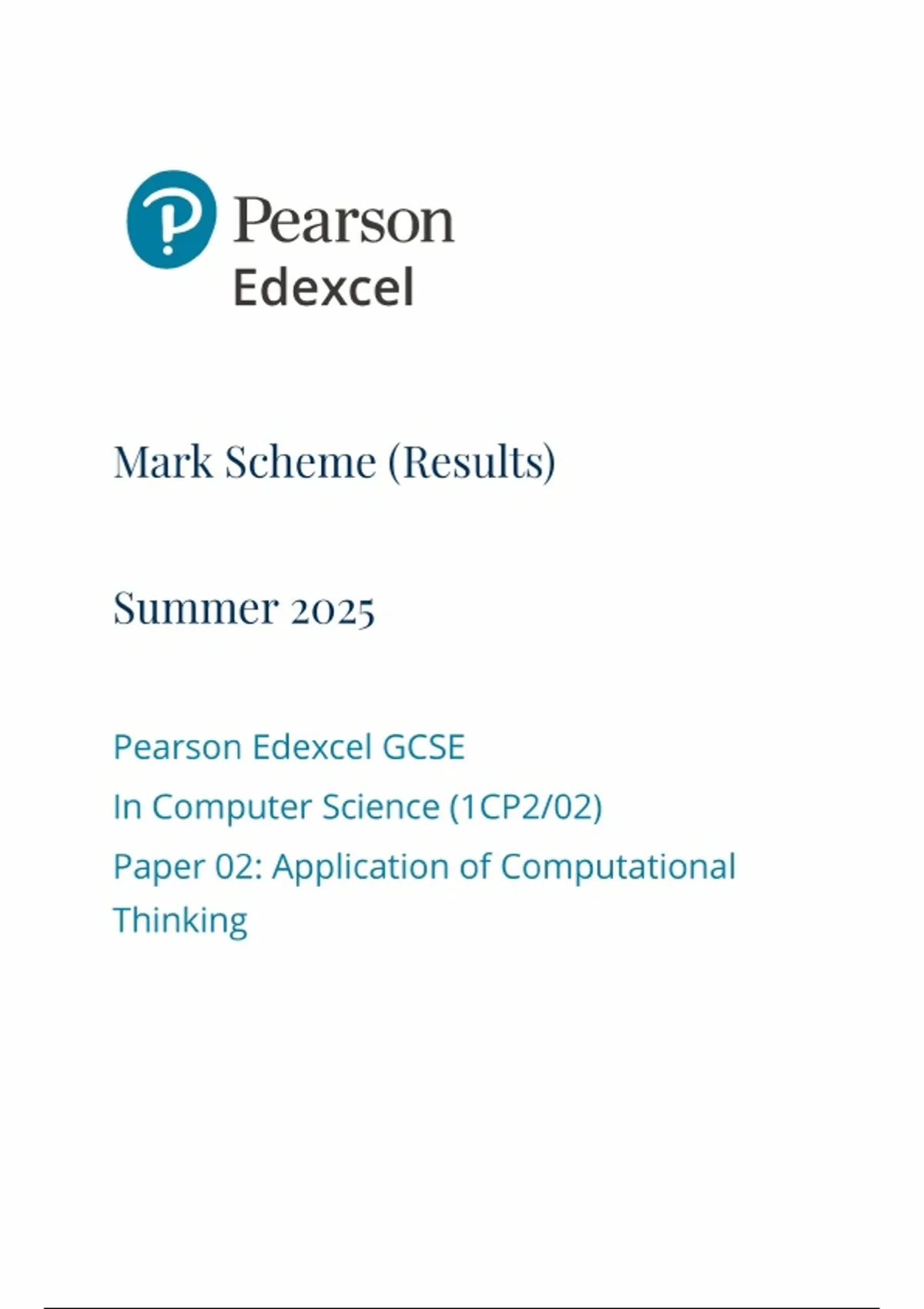 2025 Pearson Edexcel GCSE Computer Science Mark Scheme Paper 2 (1CP2/02 ...