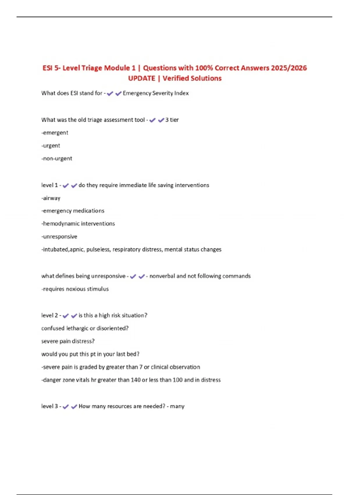 ESI 5- Level Triage Module 1 | Questions with 100% Correct Answers 2025 ...