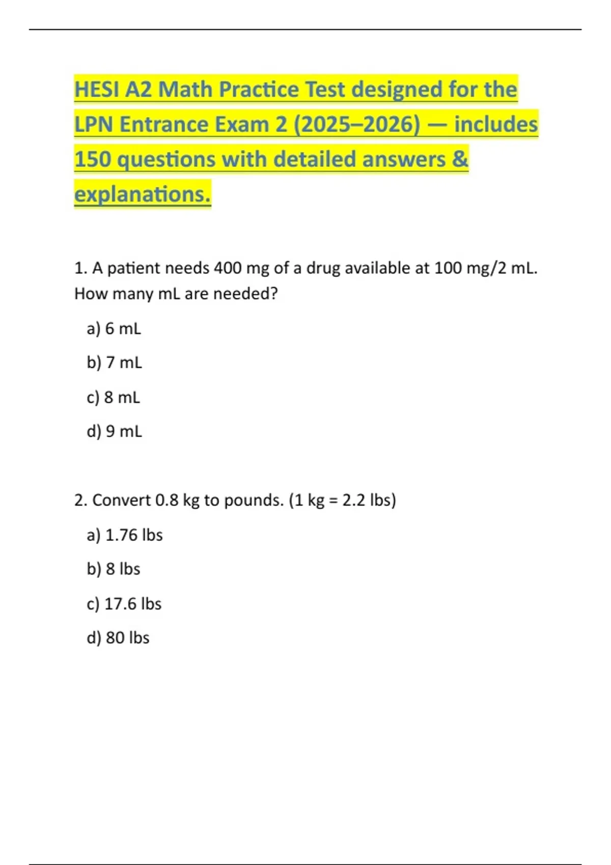 HESI A2 Math Practice Test designed for the LPN Entrance Exam 2 (2025 ...