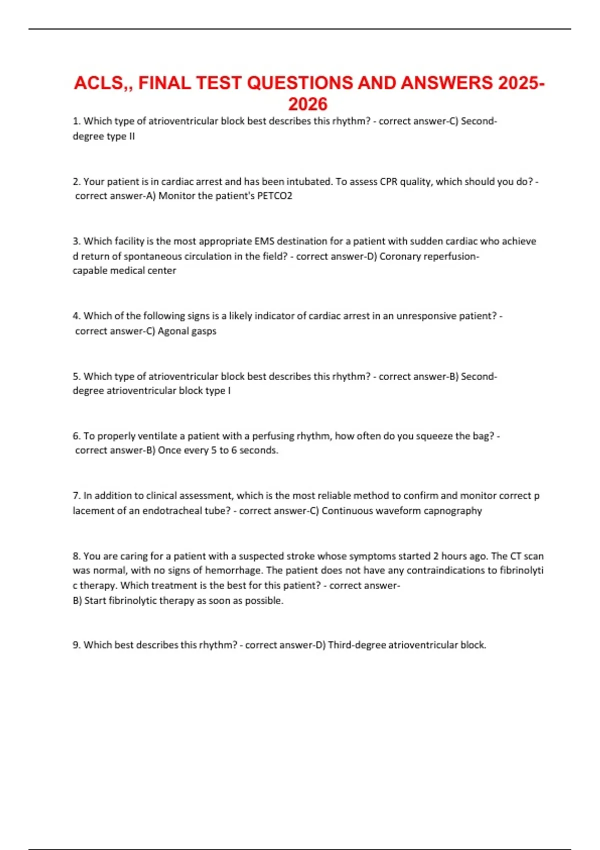 ACLS,, FINAL TEST QUESTIONS AND VERIFIED ANSWERS - ADVANCED RIGGING ...