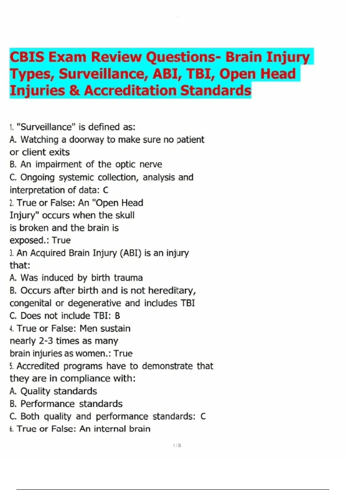 CBIS Exam Review Questions- Brain Injury Types, Surveillance, ABI, TBI ...