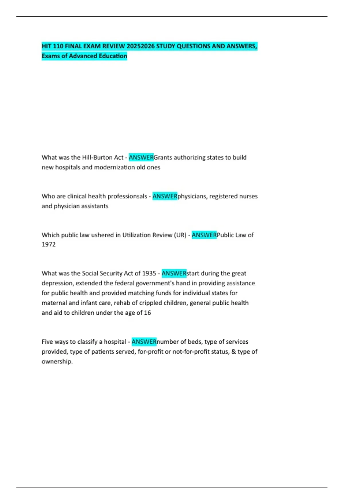 HIT 110 FINAL EXAM REVIEW STUDY QUESTIONS AND ANSWERS, Exams of ...