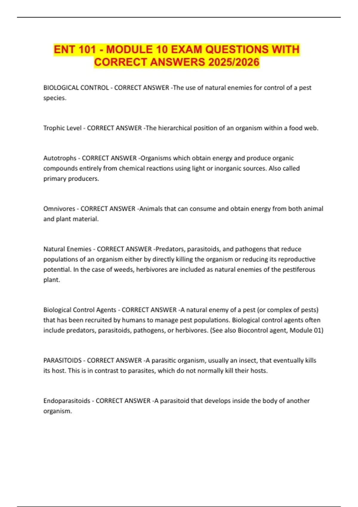 ENT 101 - MODULE 10 EXAM QUESTIONS WITH CORRECT ANSWERS 2025/2026 - ENT ...
