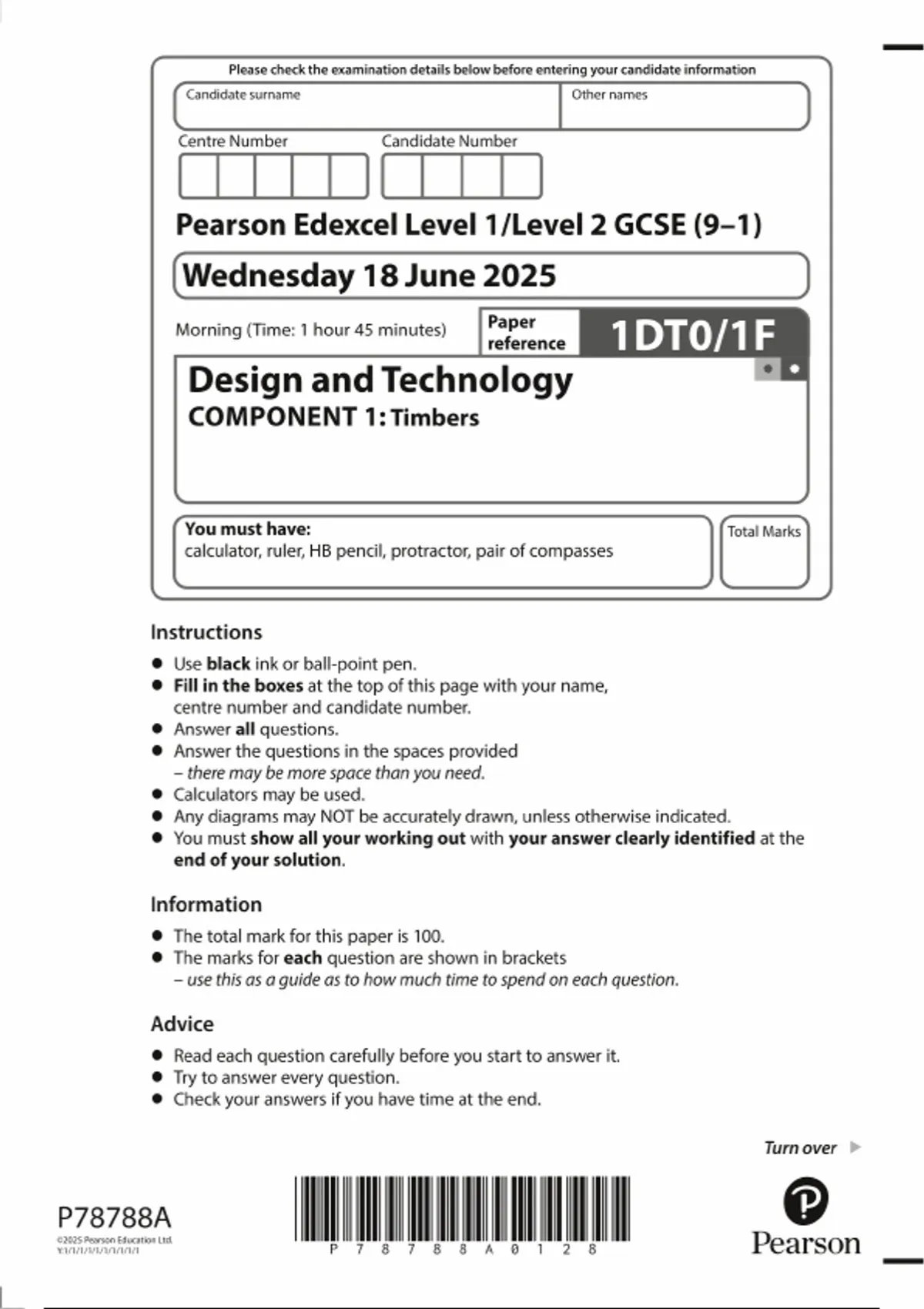2025 Pearson Edexcel GCSE Design and Technology Paper 1F (1DT0/1F ...