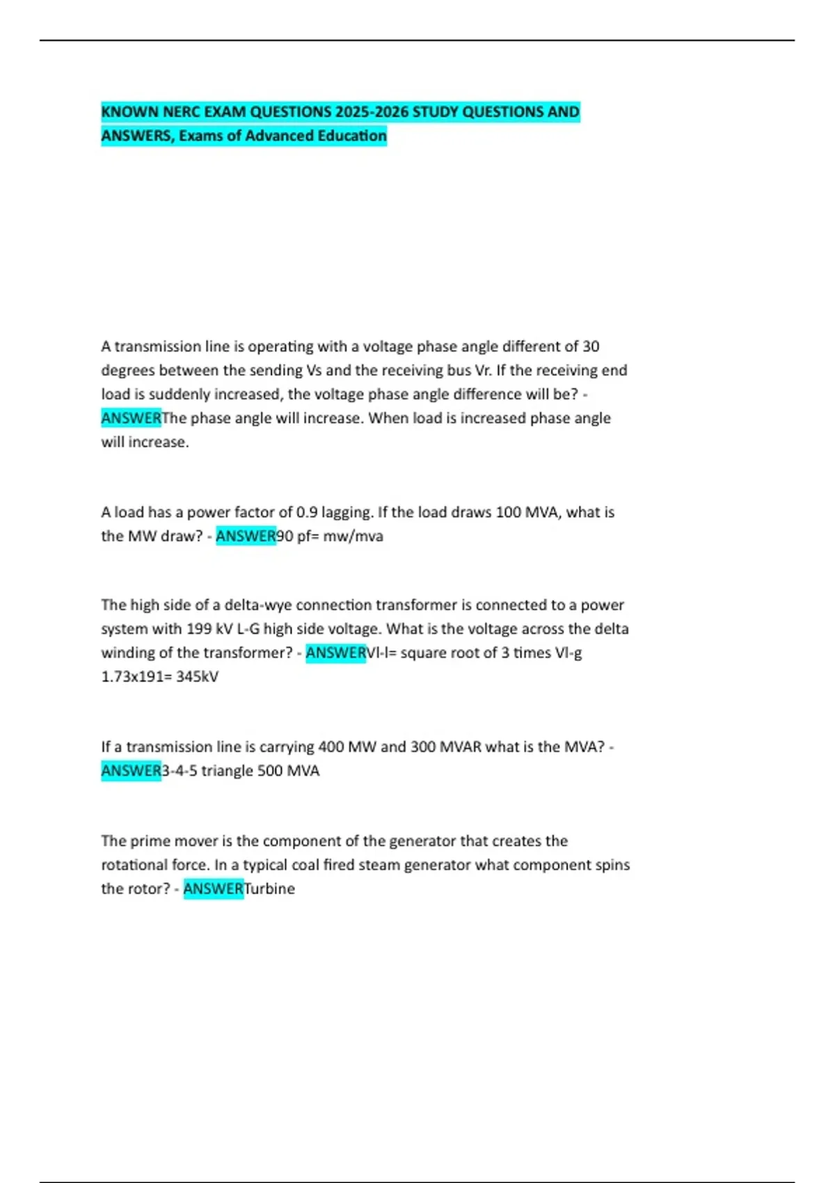 KNOWN NERC EXAM QUESTIONS STUDY QUESTIONS AND ANSWERS, Exams of ...
