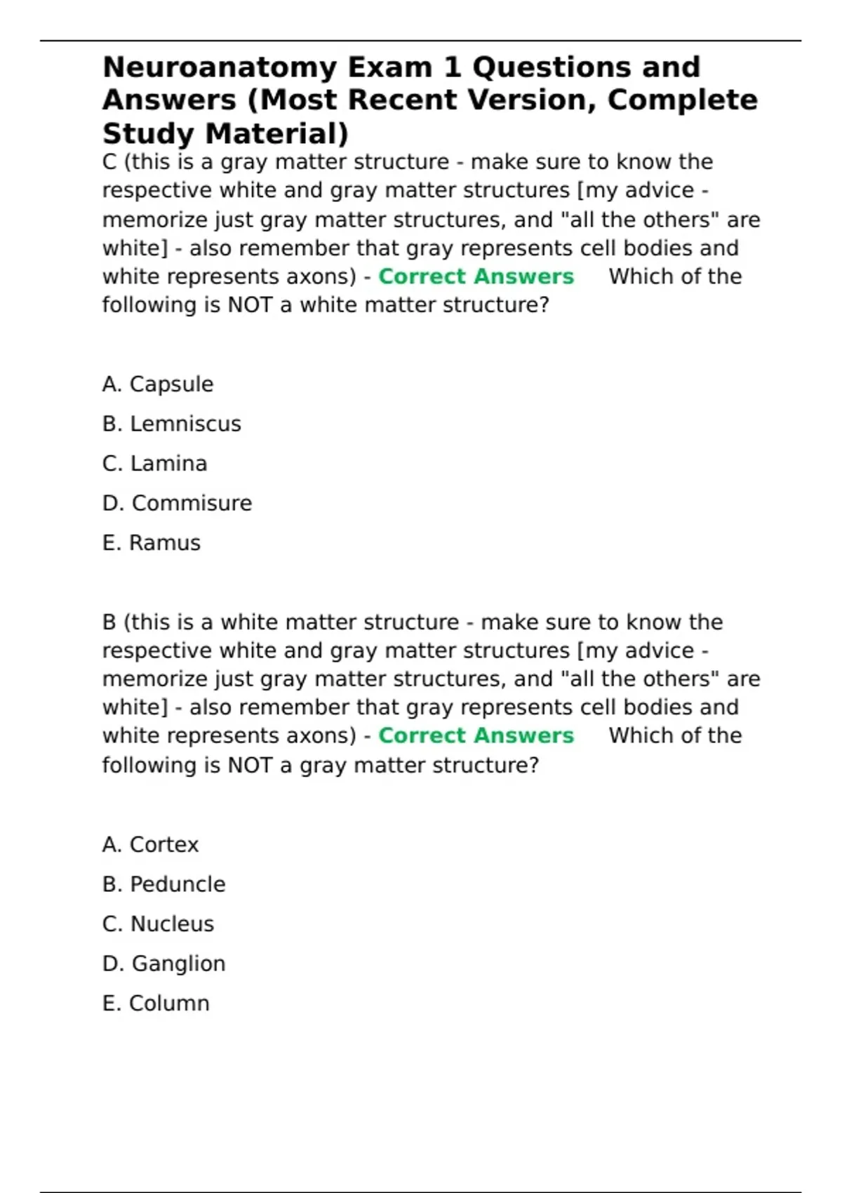 Neuroanatomy Exam 1 Questions and Answers (Most Recent Version ...