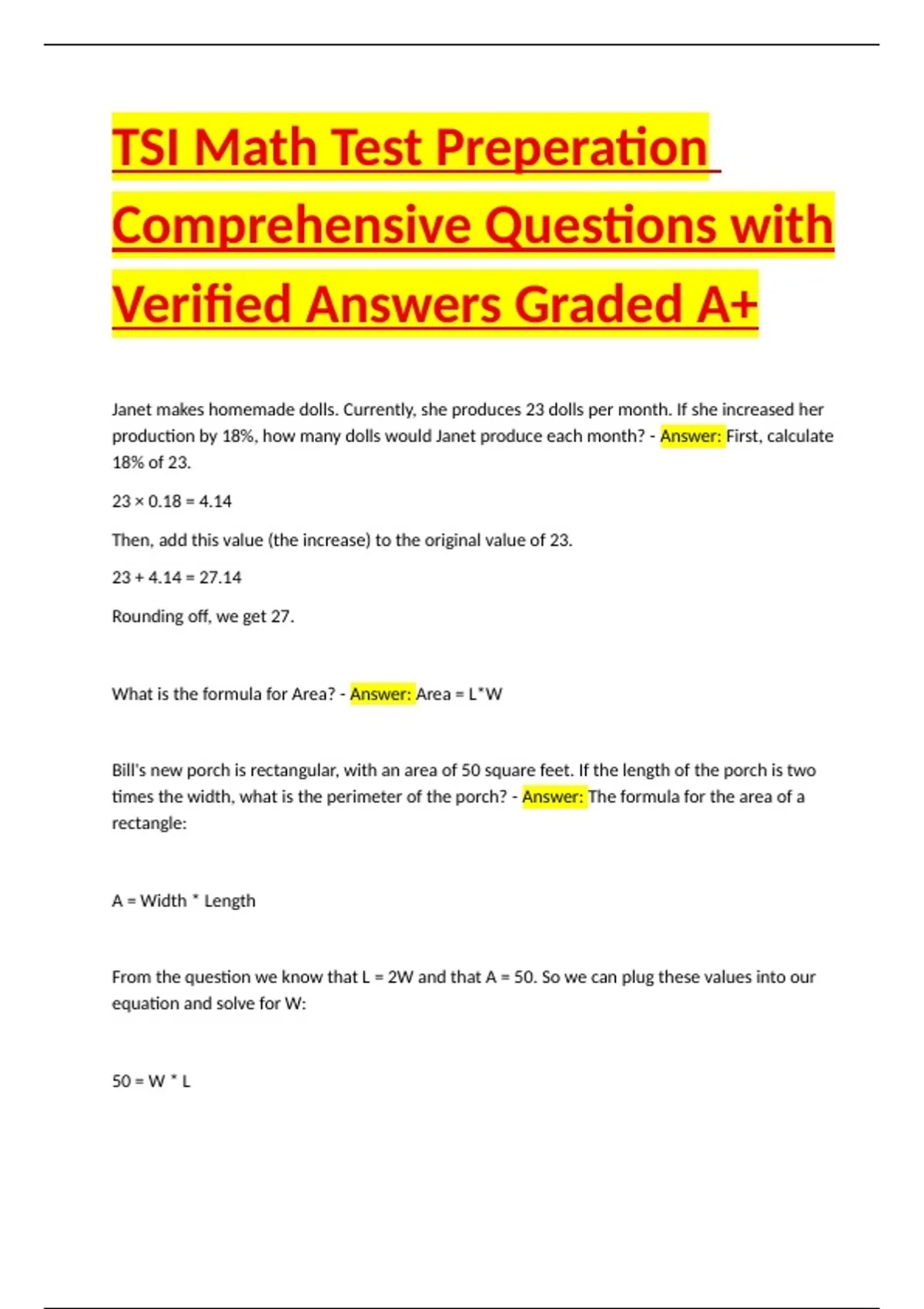 TSI MATH PORTION Comprehensive Questions with Verified Answers Graded ...