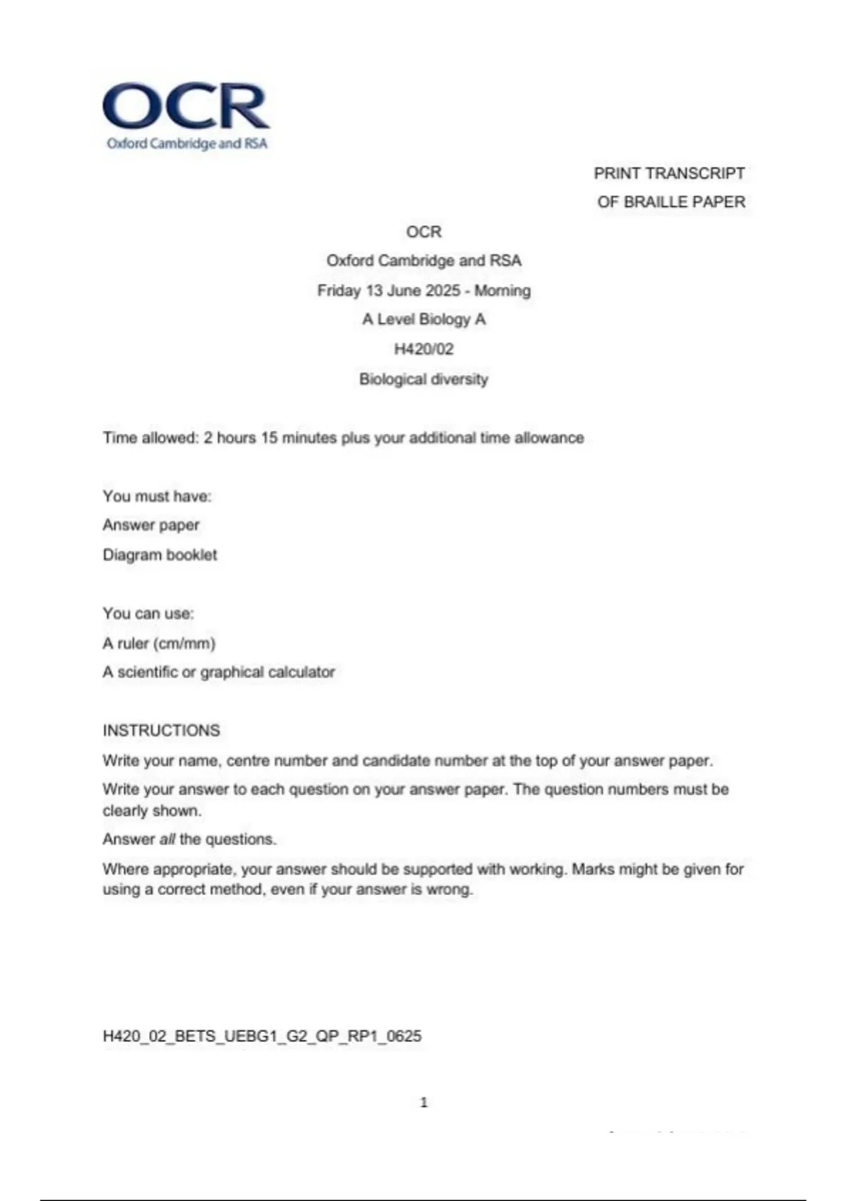 OCR Biology A H420 02 Biological diversity A Level question paper for ...