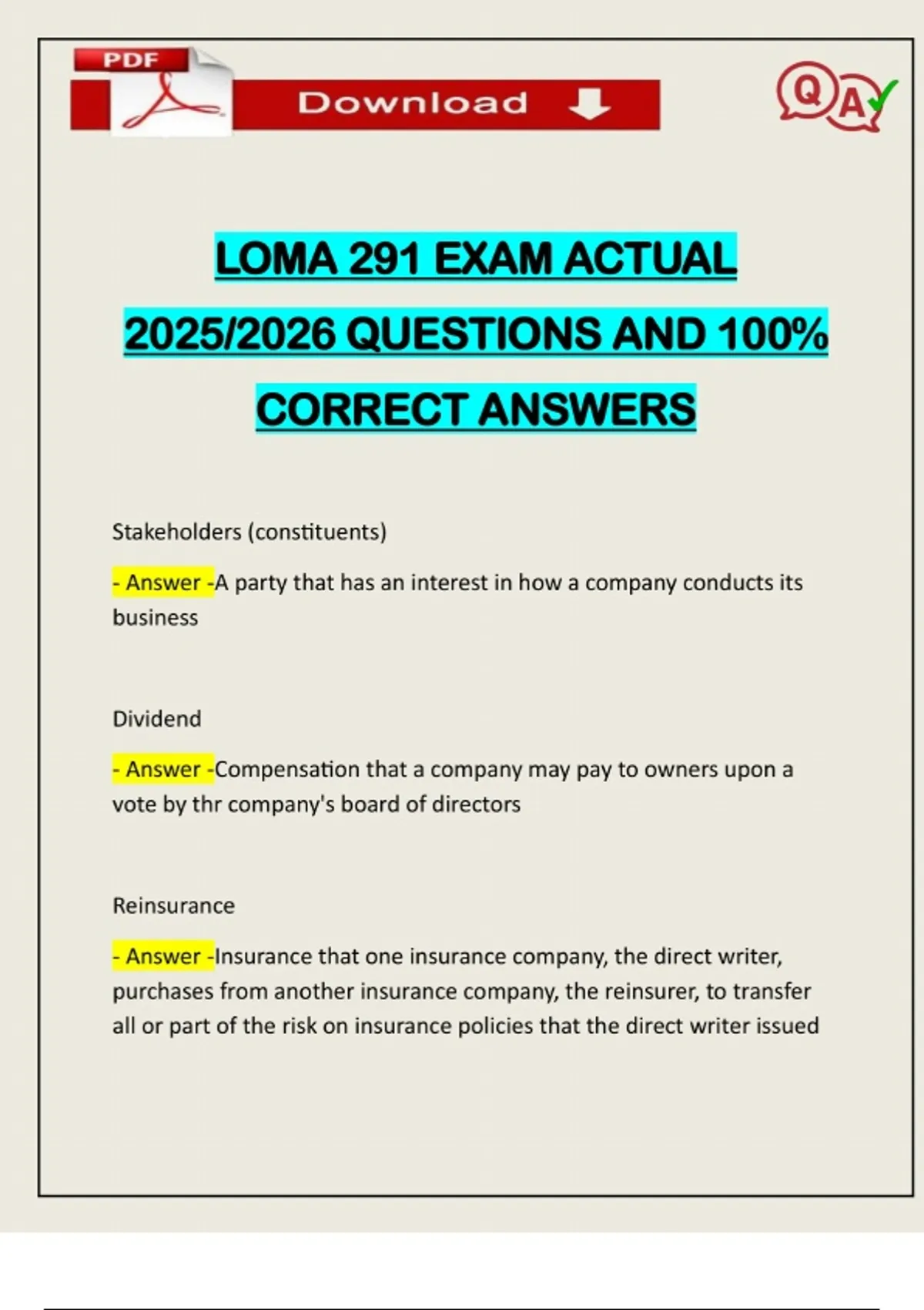LOMA 291 EXAM ACTUAL 2025/2026 QUESTIONS AND 100% CORRECT ANSWERS ...