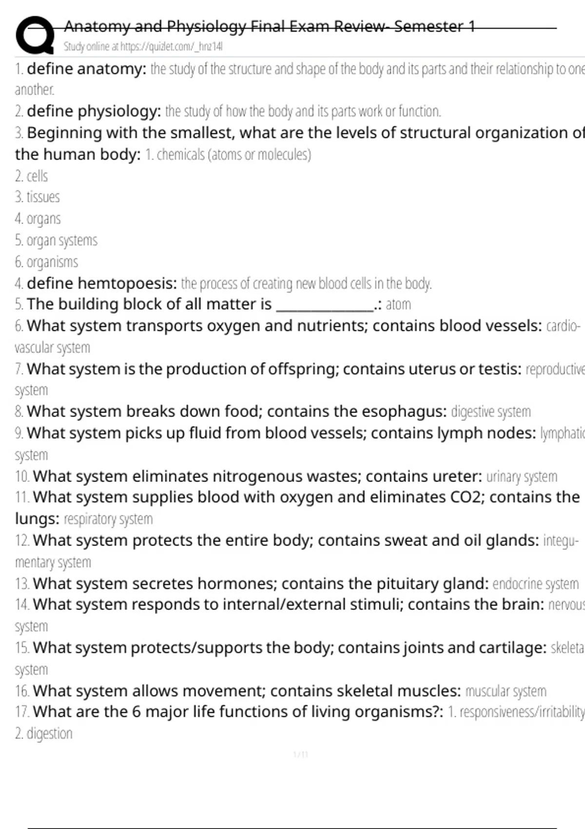 Anatomy and Physiology Final Exam Review- Semester 1 Exam Questions and ...