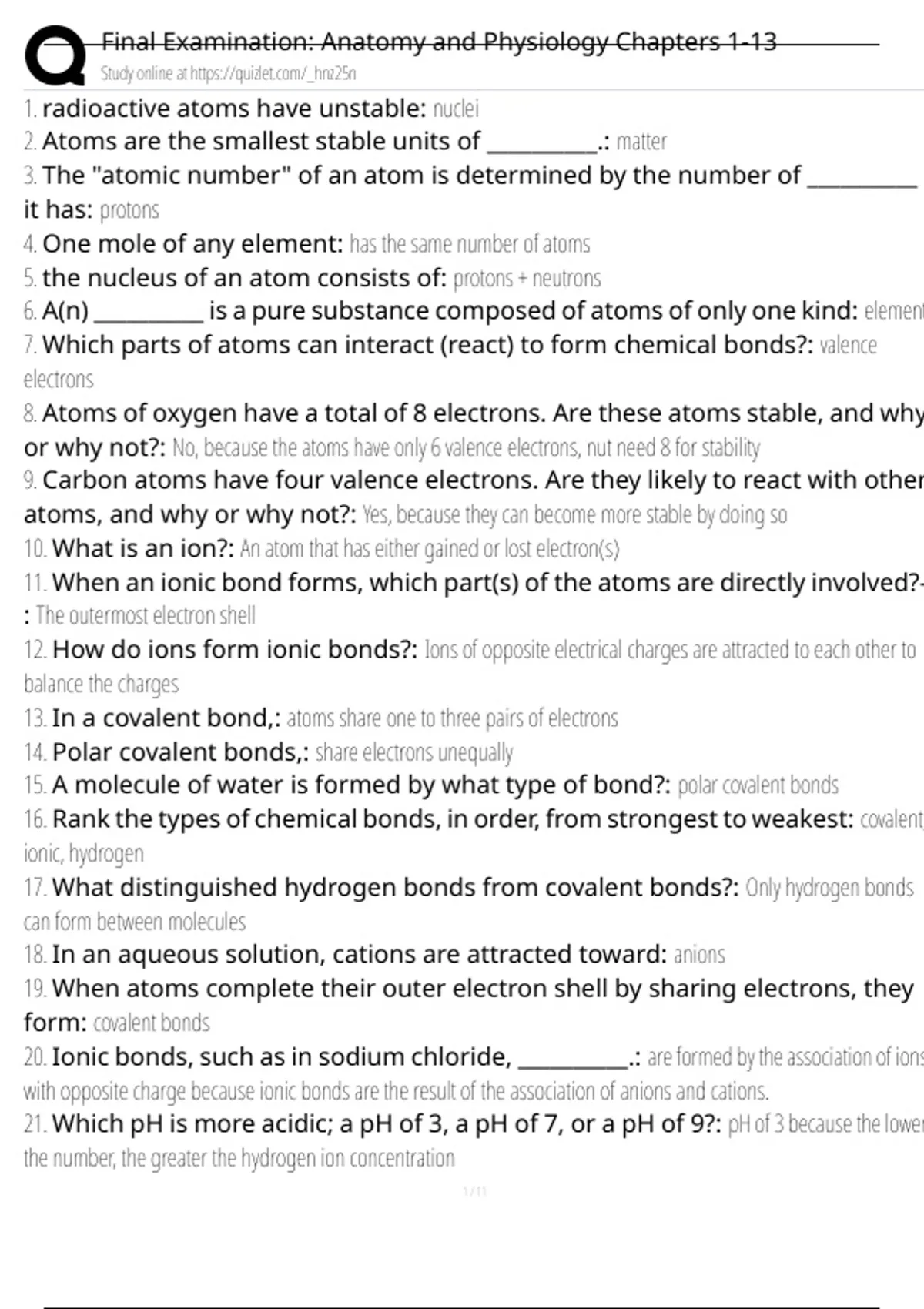 Final Examination: Anatomy and Physiology Chapters 1-13 Exam Questions ...